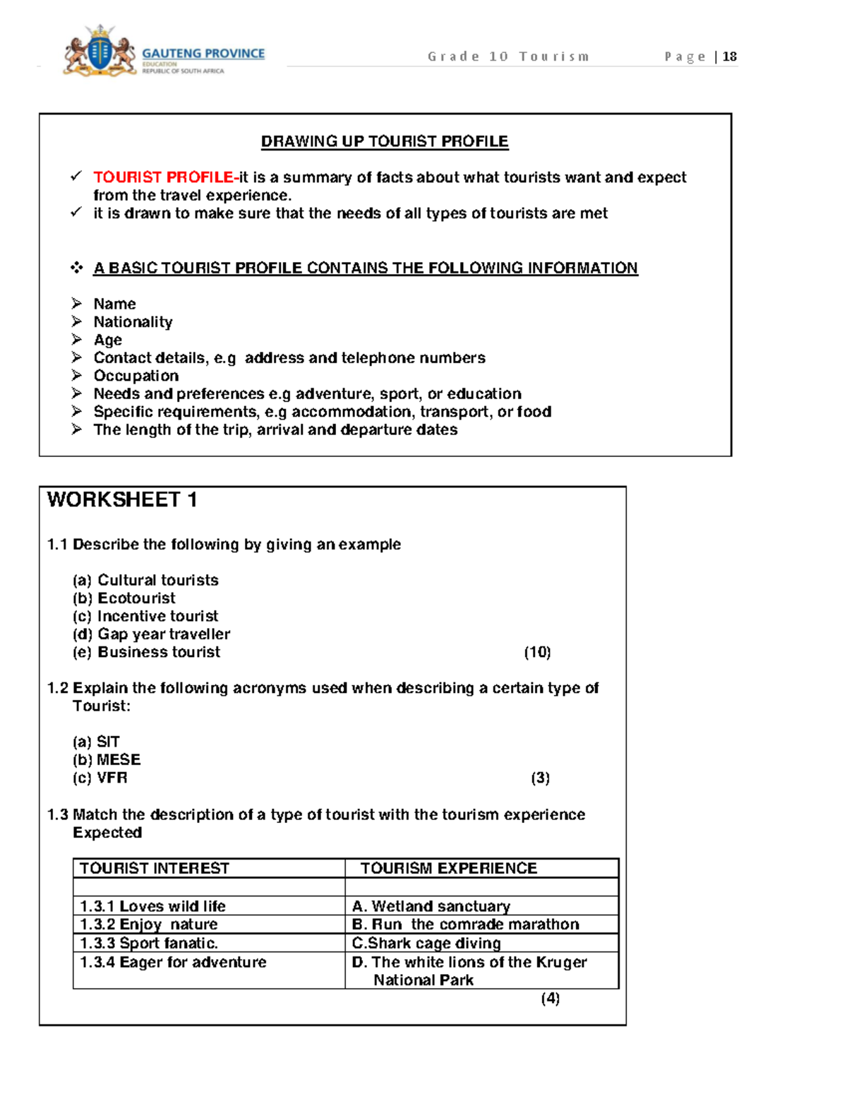 Grade 10 Tourism: Drawing Up Tourist Profiles and Types - Studocu