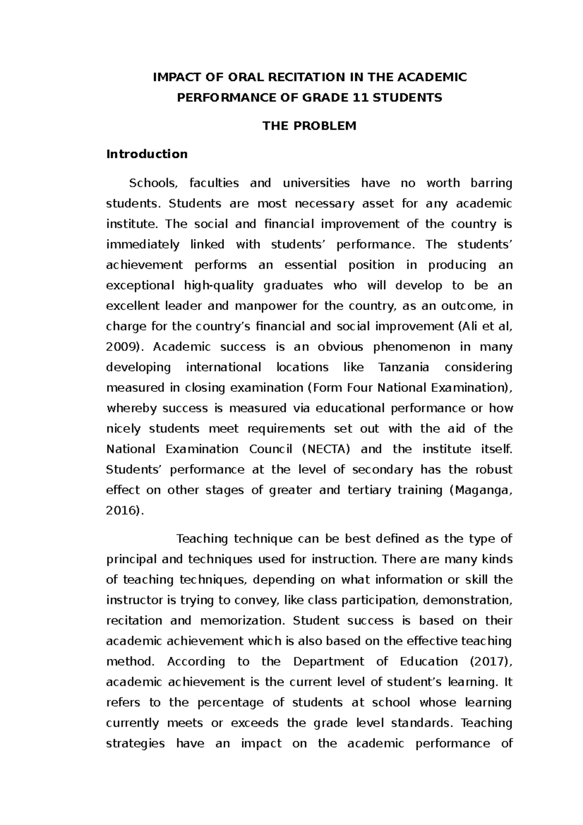 Final Paper thesis - IMPACT OF ORAL RECITATION IN THE ACADEMIC ...