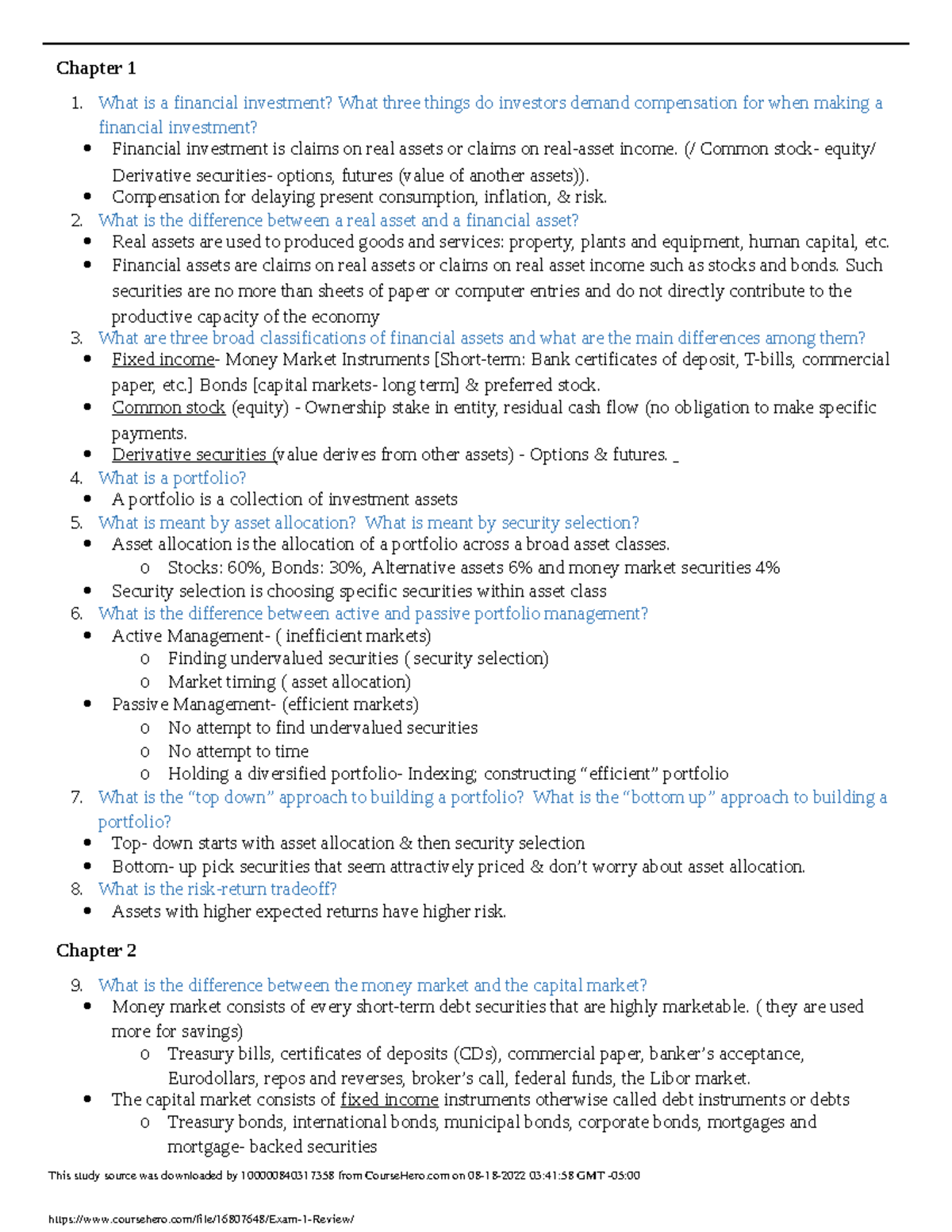 Exam 1 Review - Exam 1 notes Ch1 - CH7 - Chapter 1 What is a financial ...