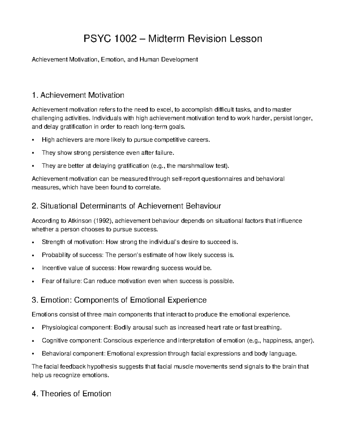PSYC 1002 Midterm Revision: Achievement, Emotion & Human Development ...