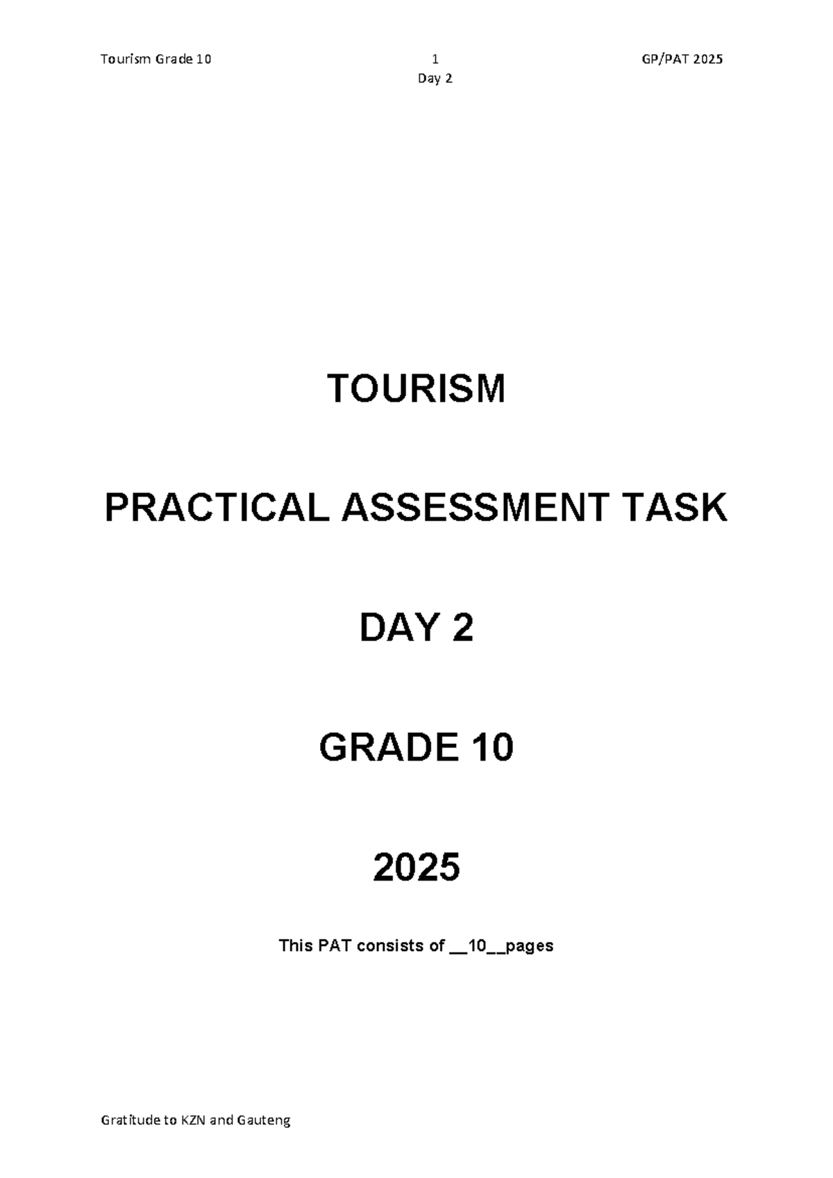 Tourism Grade 10 2025 Practical Assessment Task Day 2 Questions - Studocu