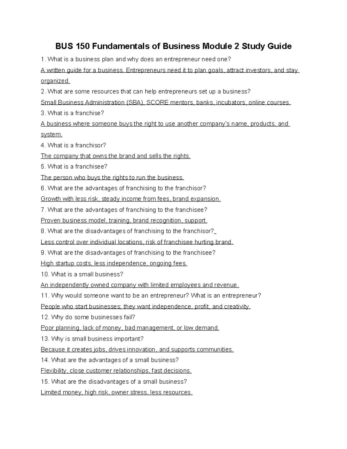 BUS 150 Module 2 Study Guide: Key Concepts in Business Fundamentals - Studocu