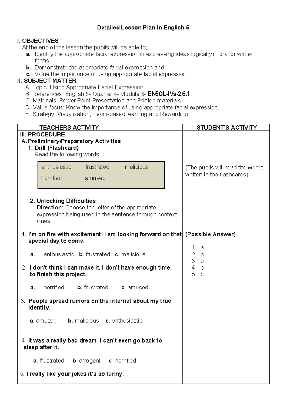 Final Demo Lesson Plan: Using Appropriate Facial Expressions - ENGLISH ...