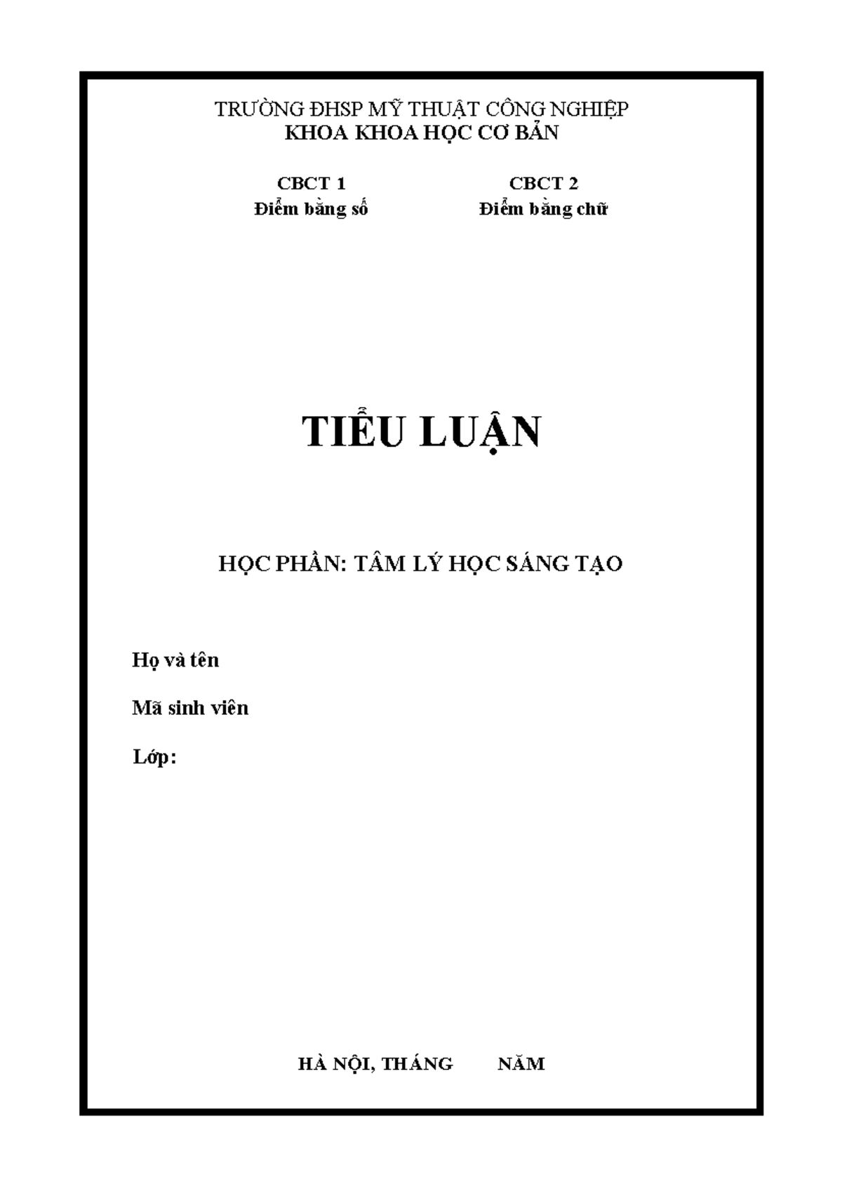 Hướng Dẫn Viết Tiểu Luận Tâm Lý Học Sáng Tạo - CBCT 1 & 2 - Studocu