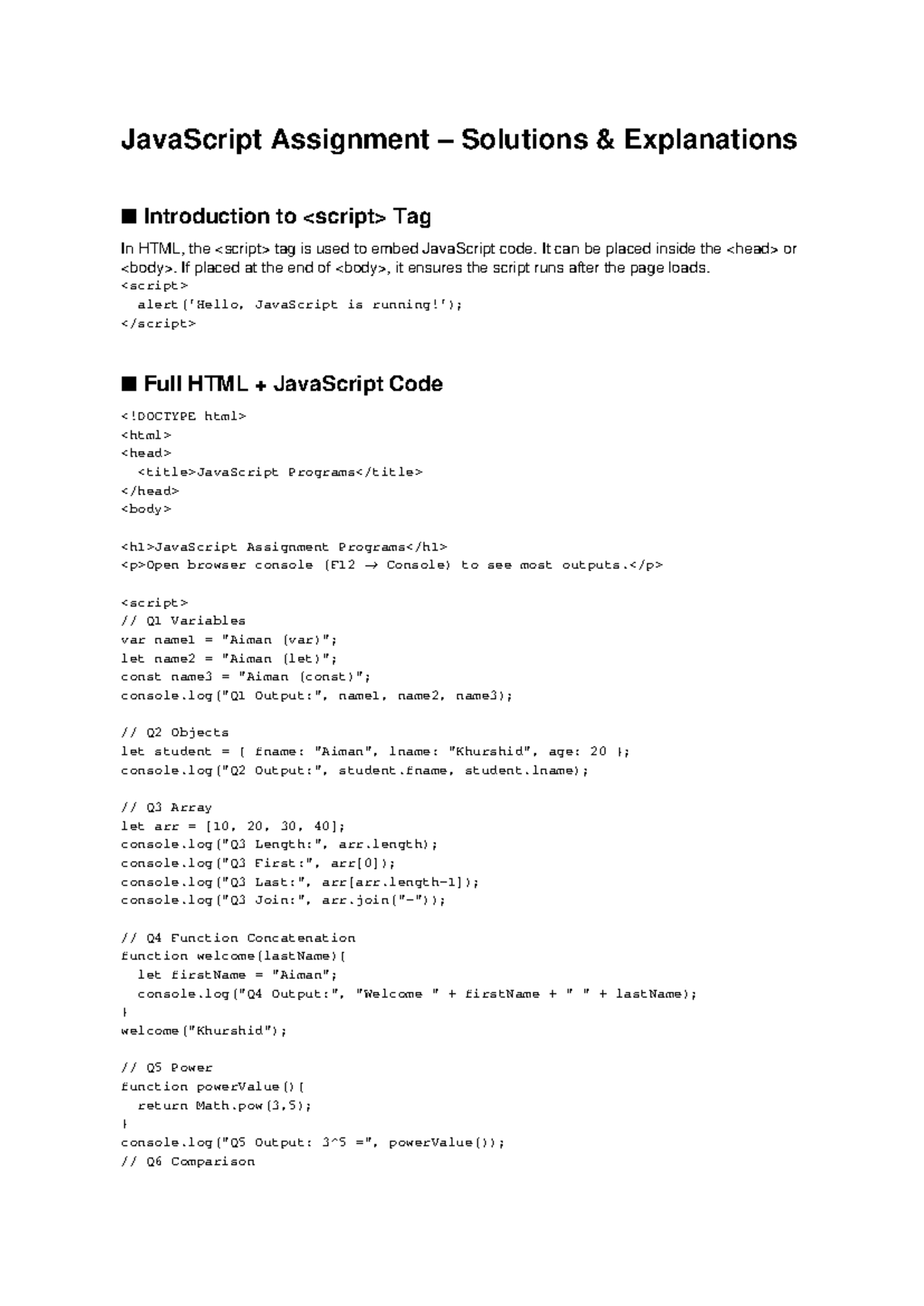 JavaScript Assignment Solutions: Detailed Explanations and Code - Studocu