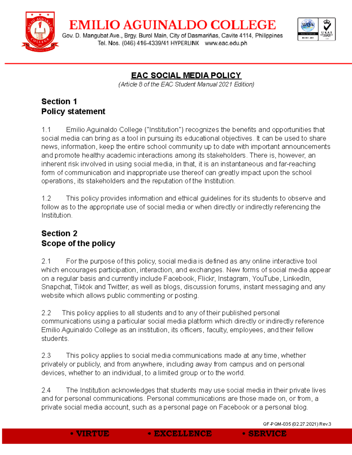 EAC Social Media Policy Guidelines for Students and Stakeholders - Studocu