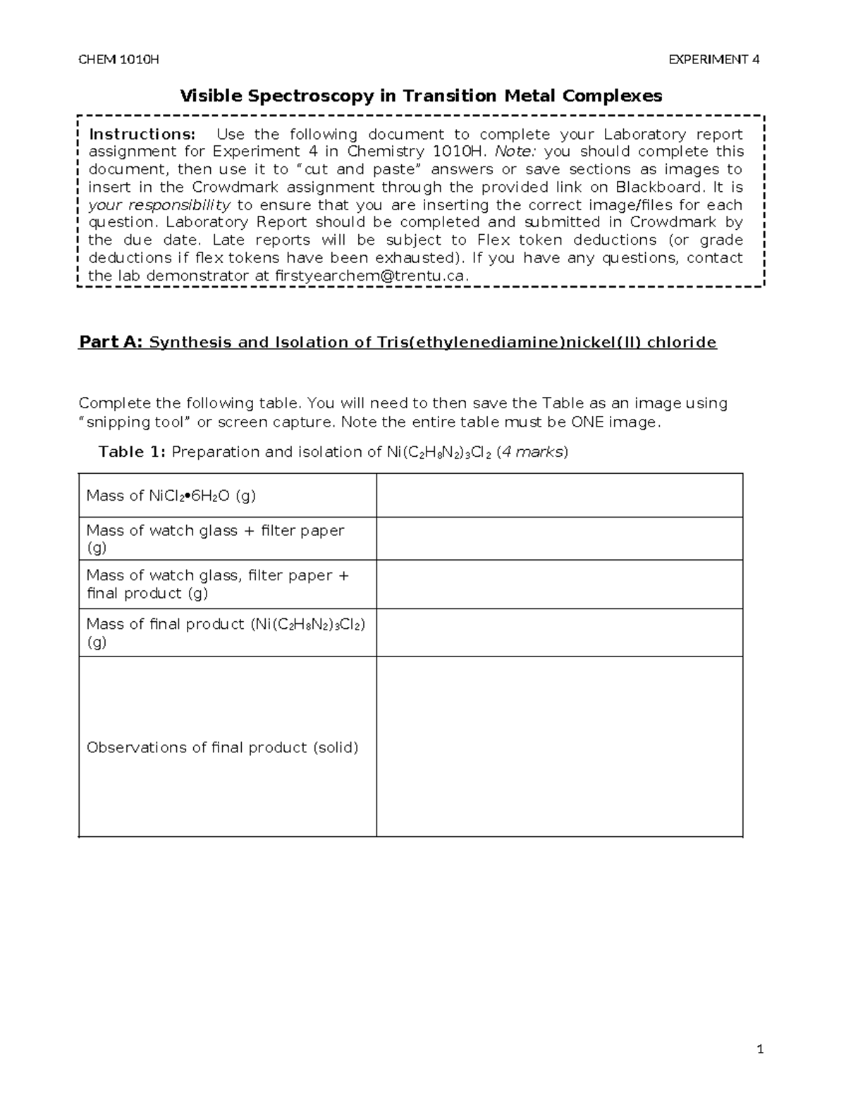 CHEM 1010H - Laboratory Report for Experiment 4 - Transition Metals ...