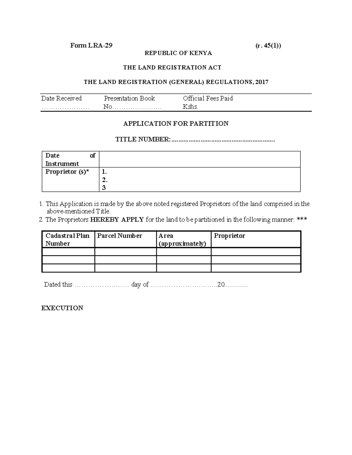 Form LRA 29: Application for Partition under the Land Registration Act ...