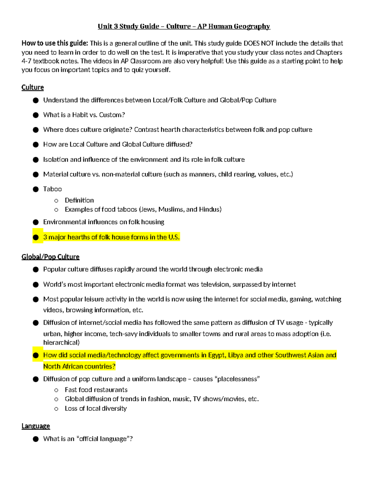 Unit 3 Study Guide: Culture in AP Human Geography - Studocu