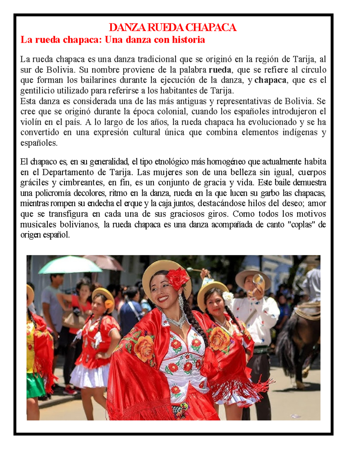 Danza Rueda Chapaca: Historia, Coreografía y Música Tradicional - Studocu