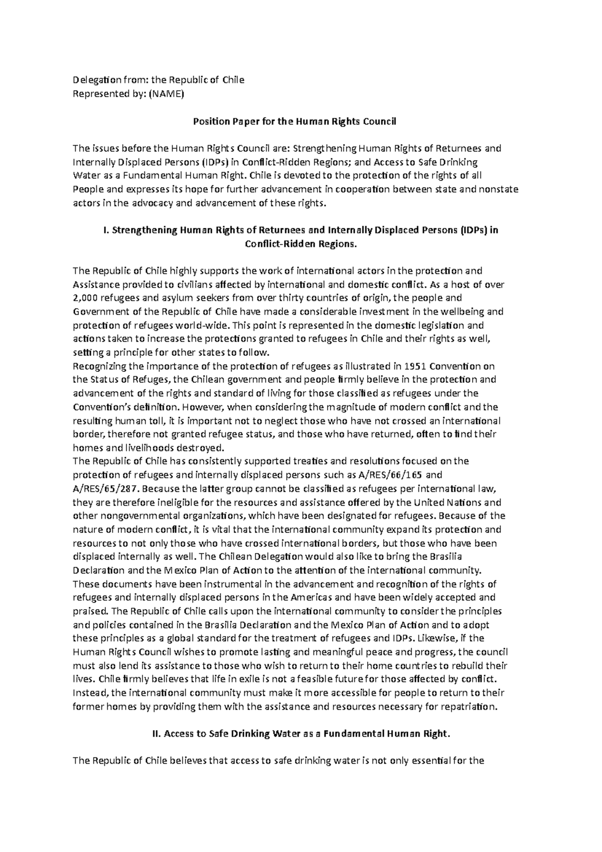 CHL Human Rights Council Position Paper: IDPs & Water Rights - Studocu