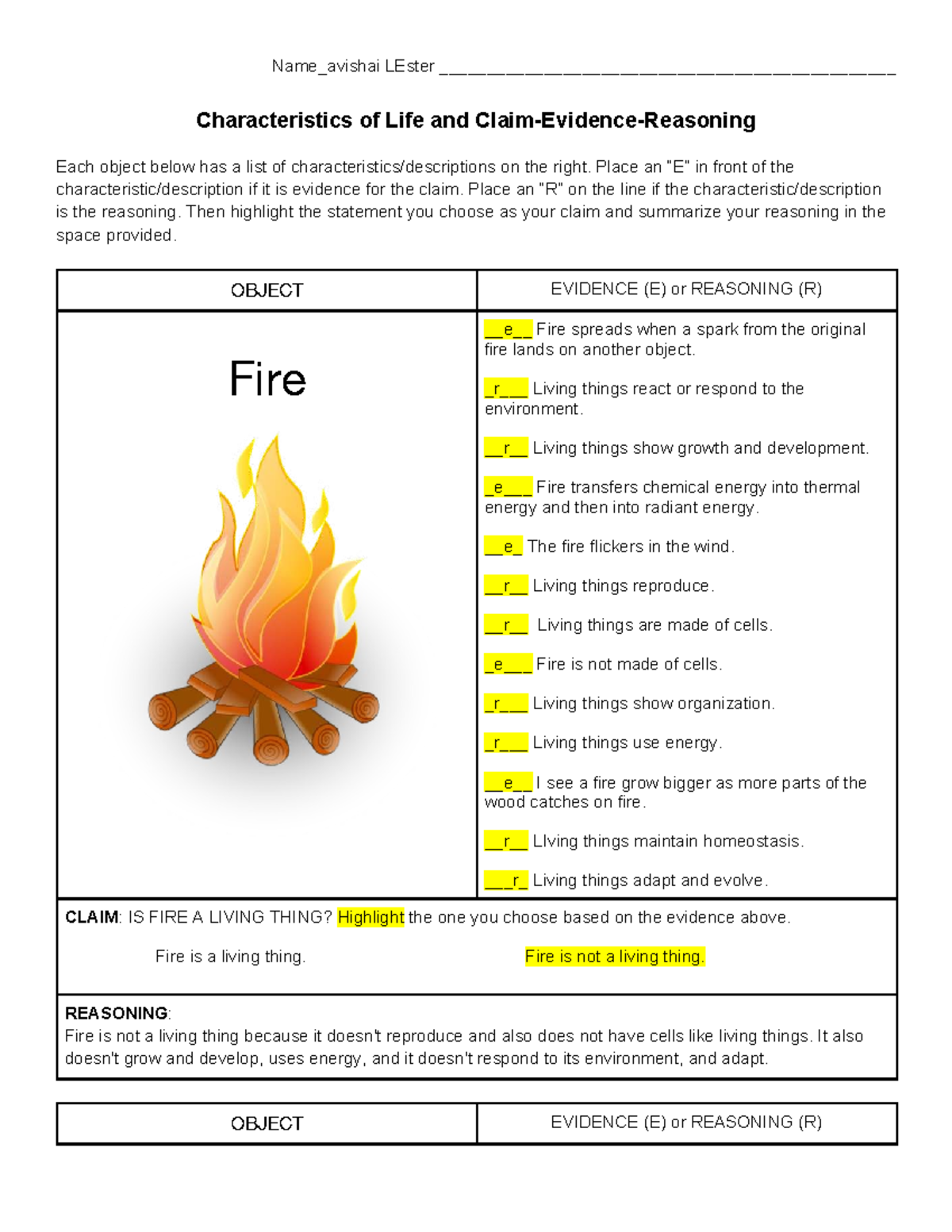 CER - Characteristics of Life: Analyzing Fire as a Living Thing - Studocu