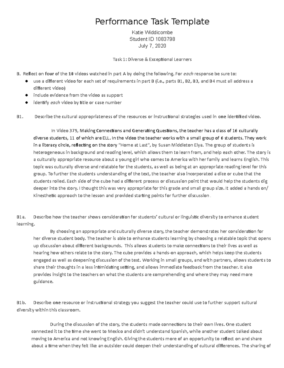Diversity Performance Task 1: Strategies for Exceptional Learners - Studocu