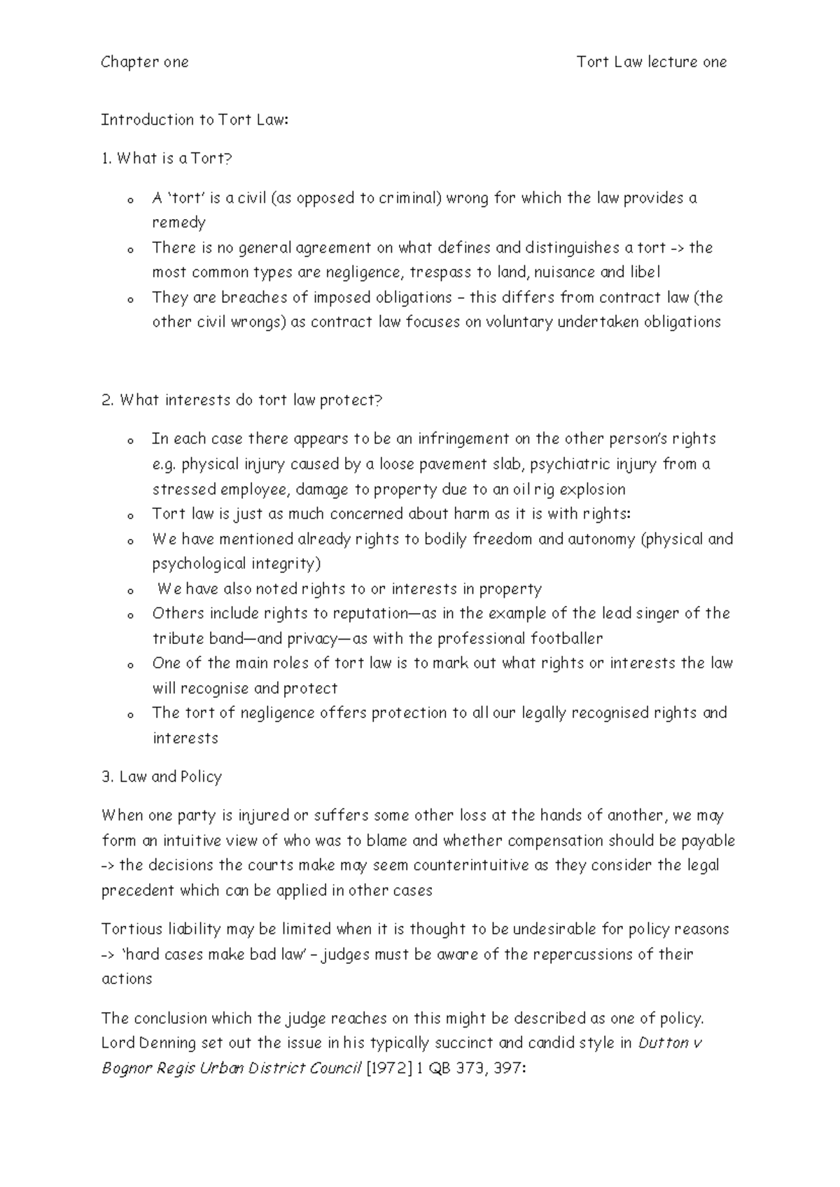 Introduction to Tort Law (notes 1) - Chapter one Tort Law lecture one ...