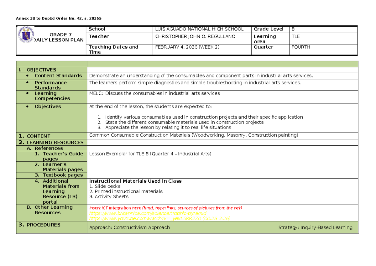 TLE 8 Daily Lesson Plan: Consumables in Industrial Arts (Feb 4, 2026 ...