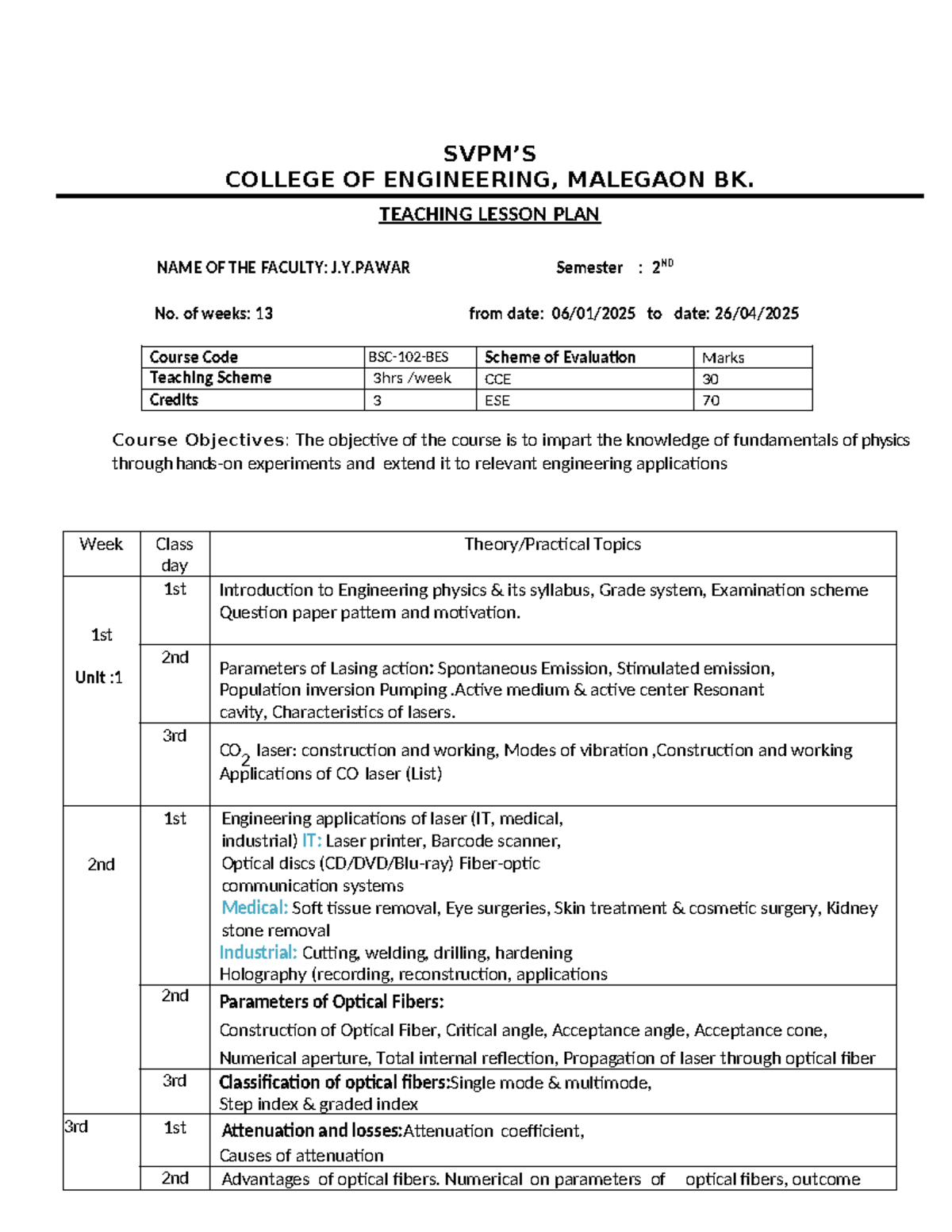 1st SEM Engineering Physics Teaching Lesson Plan by J.Y. Pawar - Studocu