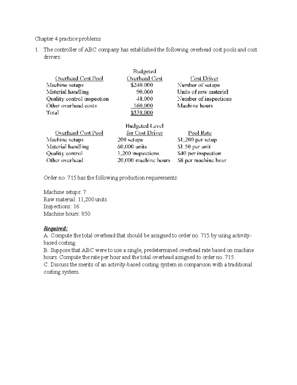 Chapter 4 Practice Problems - Activity-Based Costing Analysis - Studocu