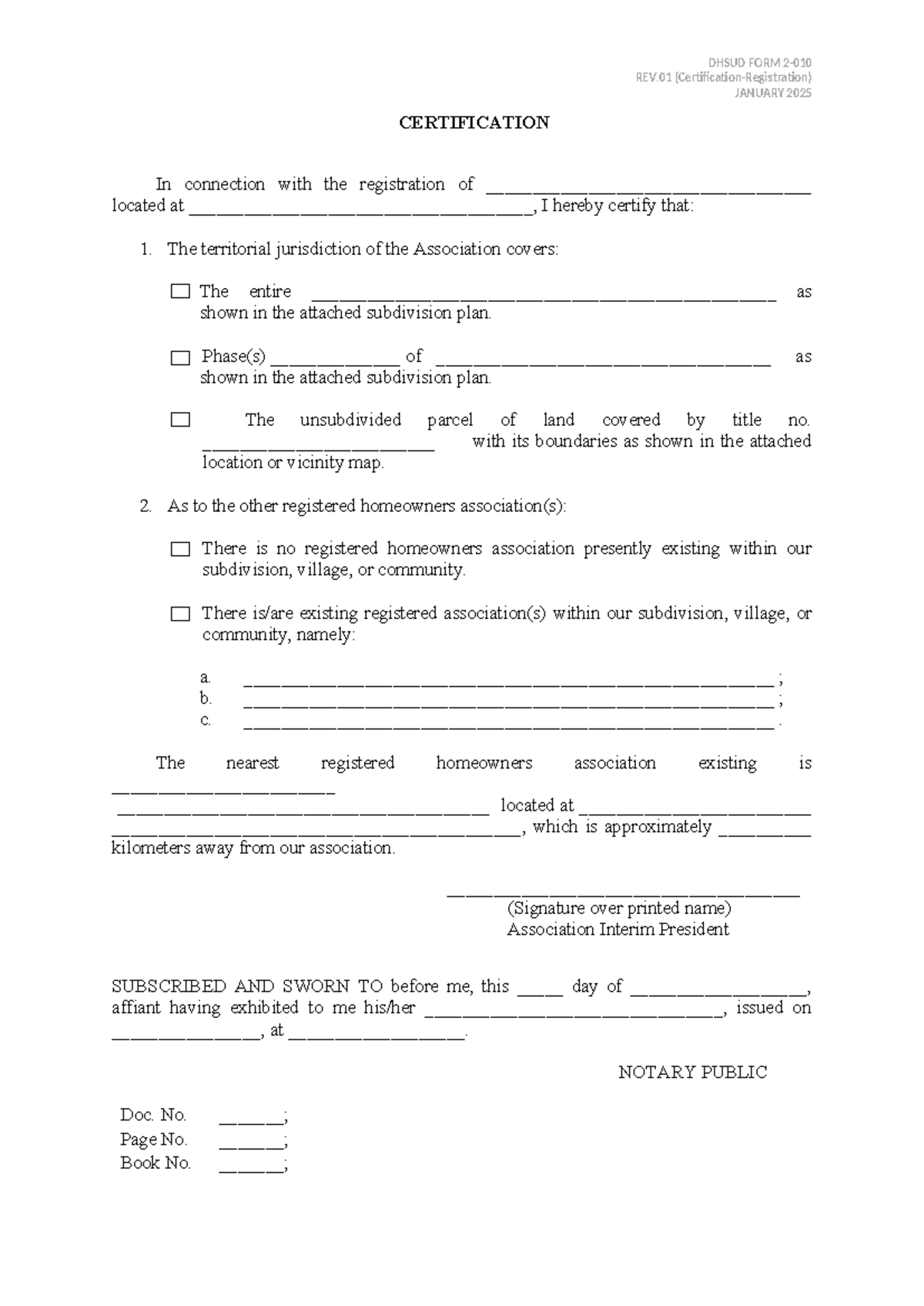 DHSUD Form Rev.01 Jan 2025: Certification of HOA Registration - Studocu