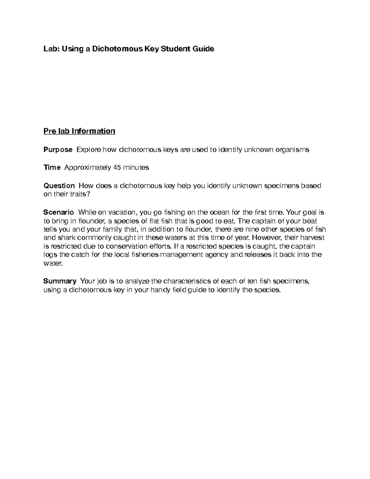 Lab Guide: Identifying Fish Species with a Dichotomous Key - Studocu