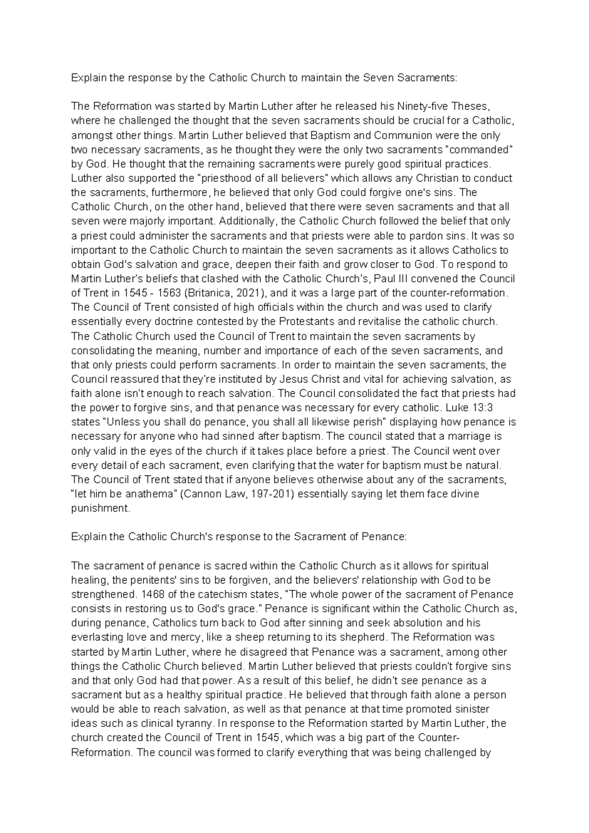 Catholic Church's Response to the Seven Sacraments: A Study on the ...