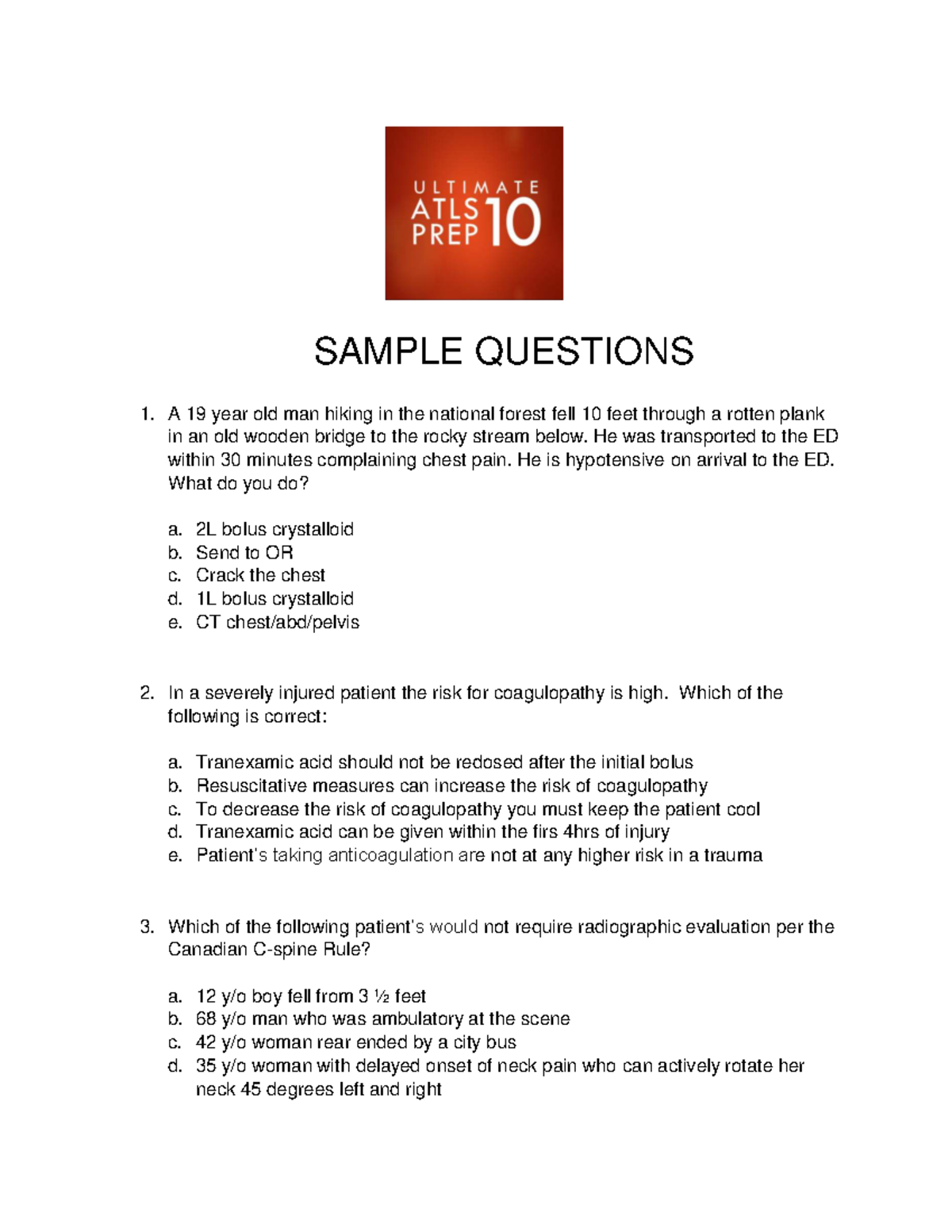 ATLS 10 Sample Questions for Trauma Management Exam - Studocu