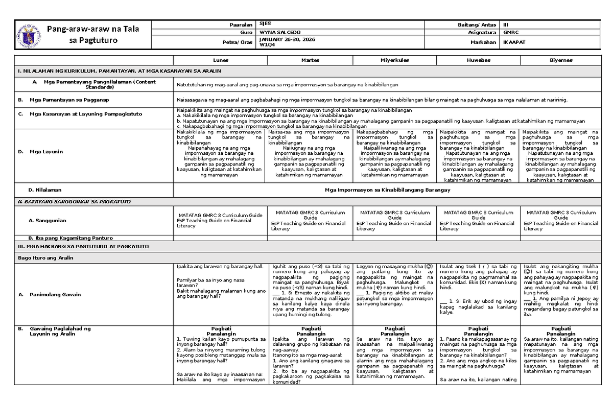 GMRC DLL W1Q4 - Lesson Plan on Community Awareness and Safety - Studocu