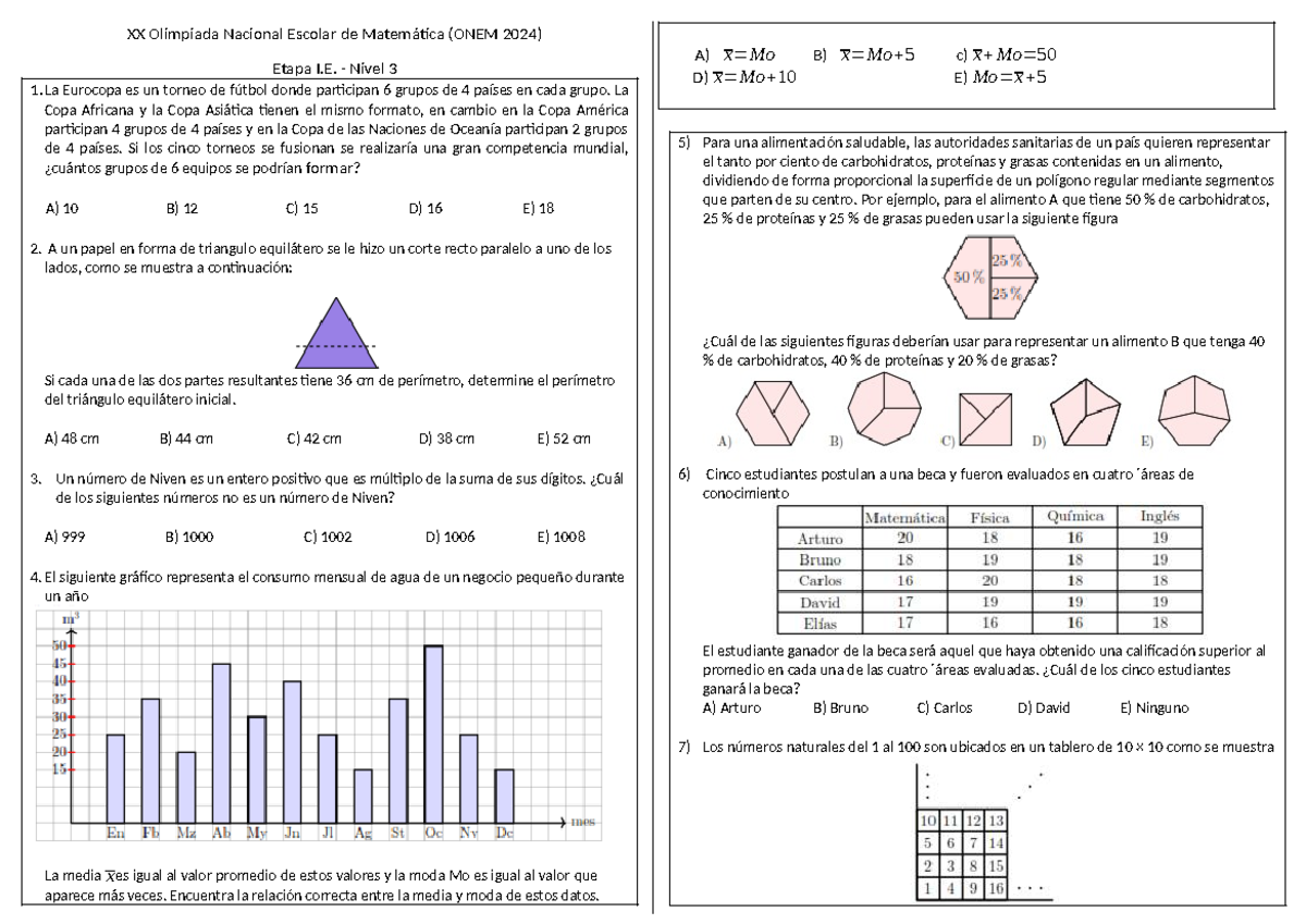 XX Olimpiada Nacional Escolar de Matemática (ONEM 2024) - Etapa I Nivel ...
