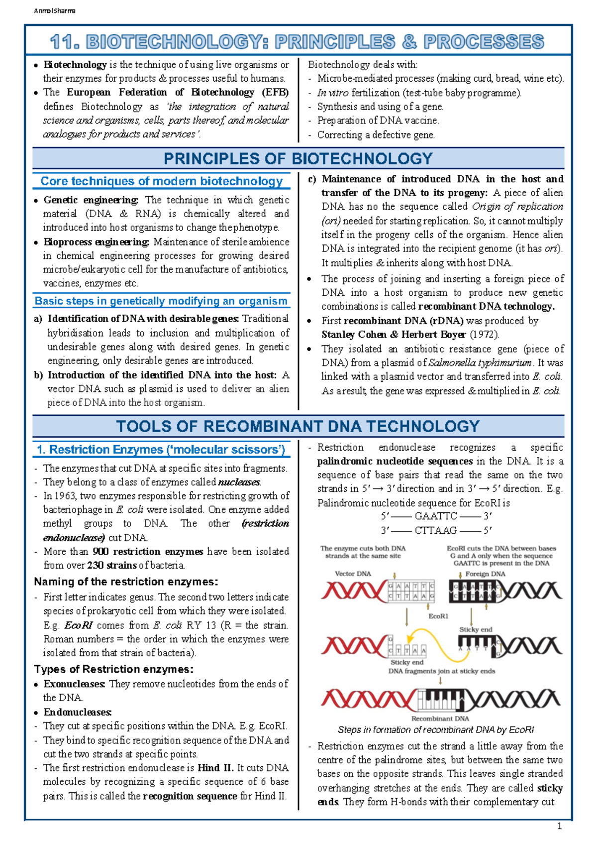Biotechnology Principles & Processes Notes - 11th Grade - Studocu