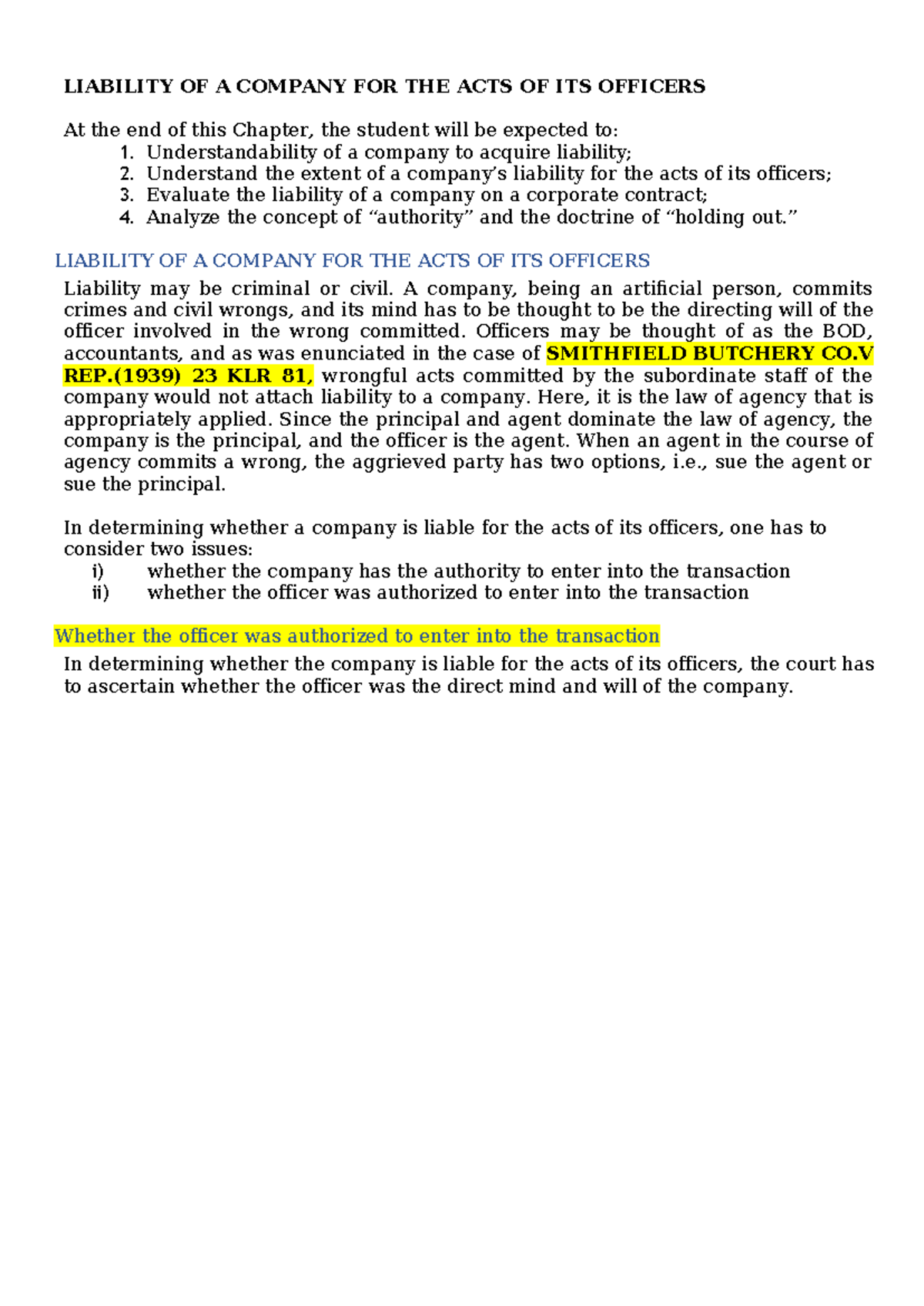 Lecture Notes on Company Liability for Acts of Officers (LIAB 101 ...