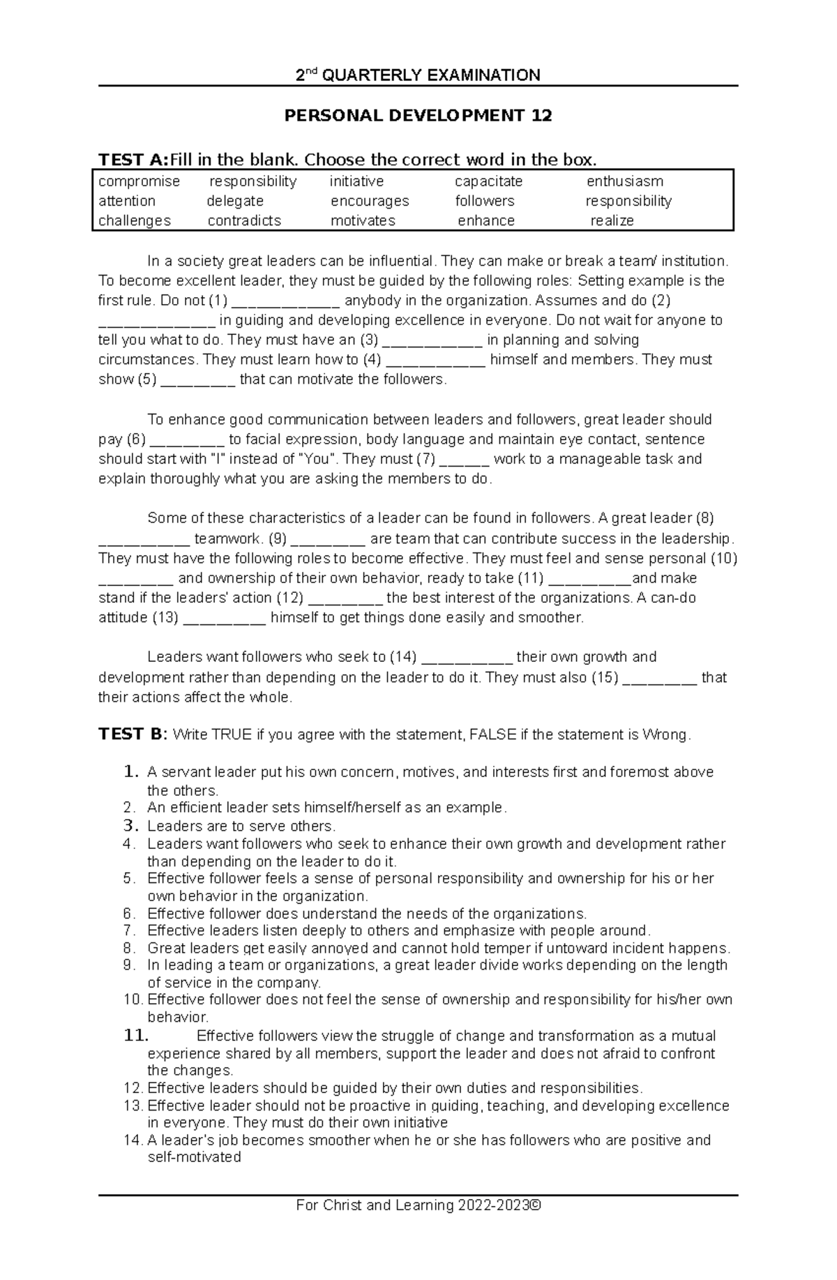 Personal Development 12: 2nd Quarterly Exam Review - Studocu