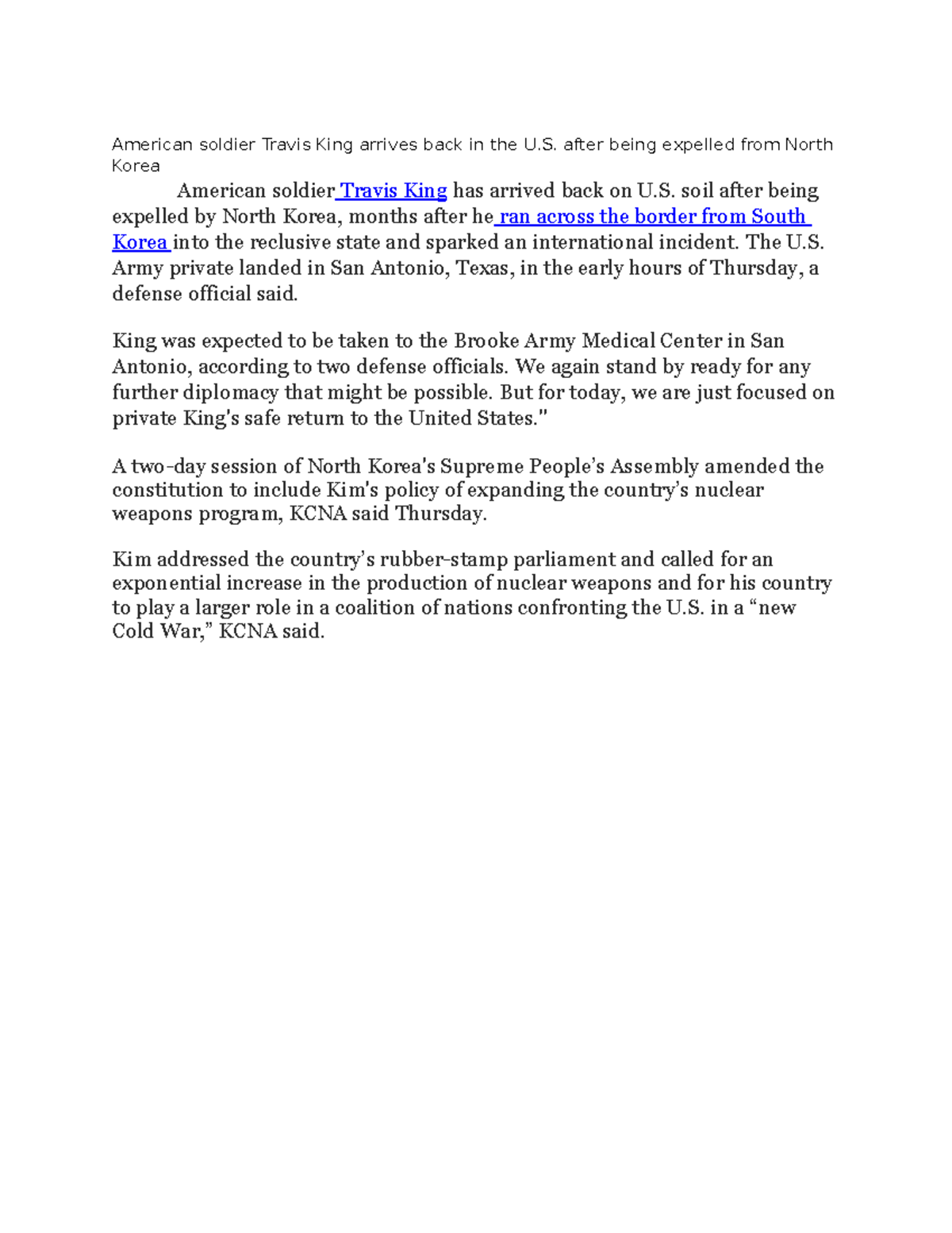Travis King Returns to U.S. After North Korea Expulsion - Current Event ...