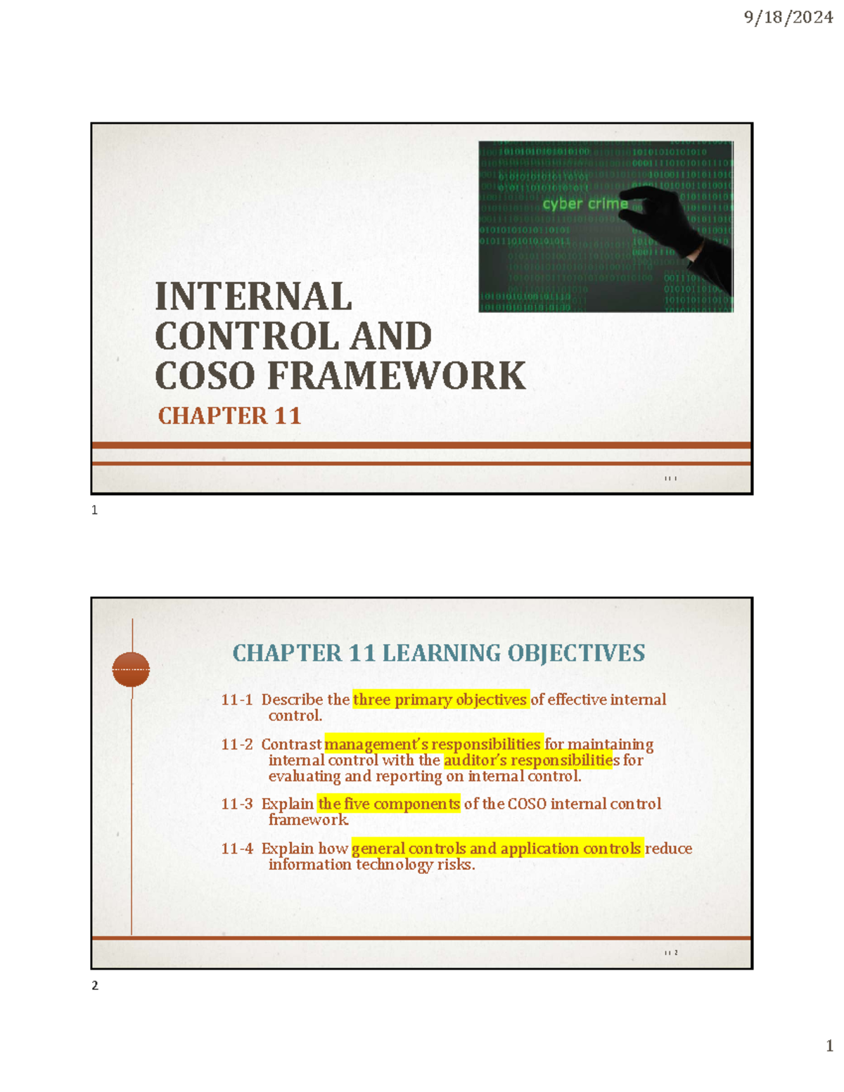 INTERNAL CONTROL AND COSO FRAMEWORK CHAPTER 11 SLIDES - Studocu