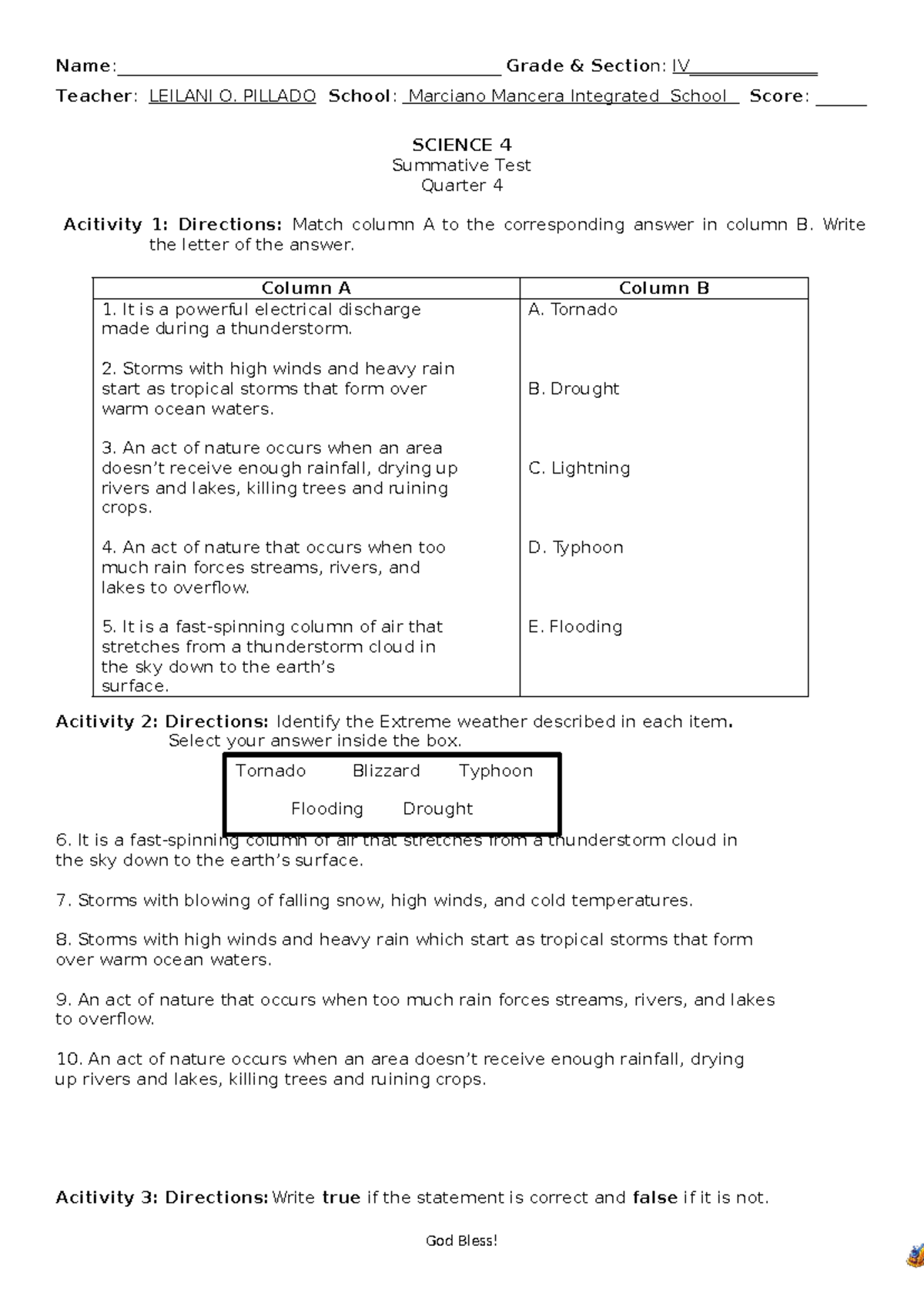 Science 4 - Q4 Summative Test: Extreme Weather Concepts - Studocu
