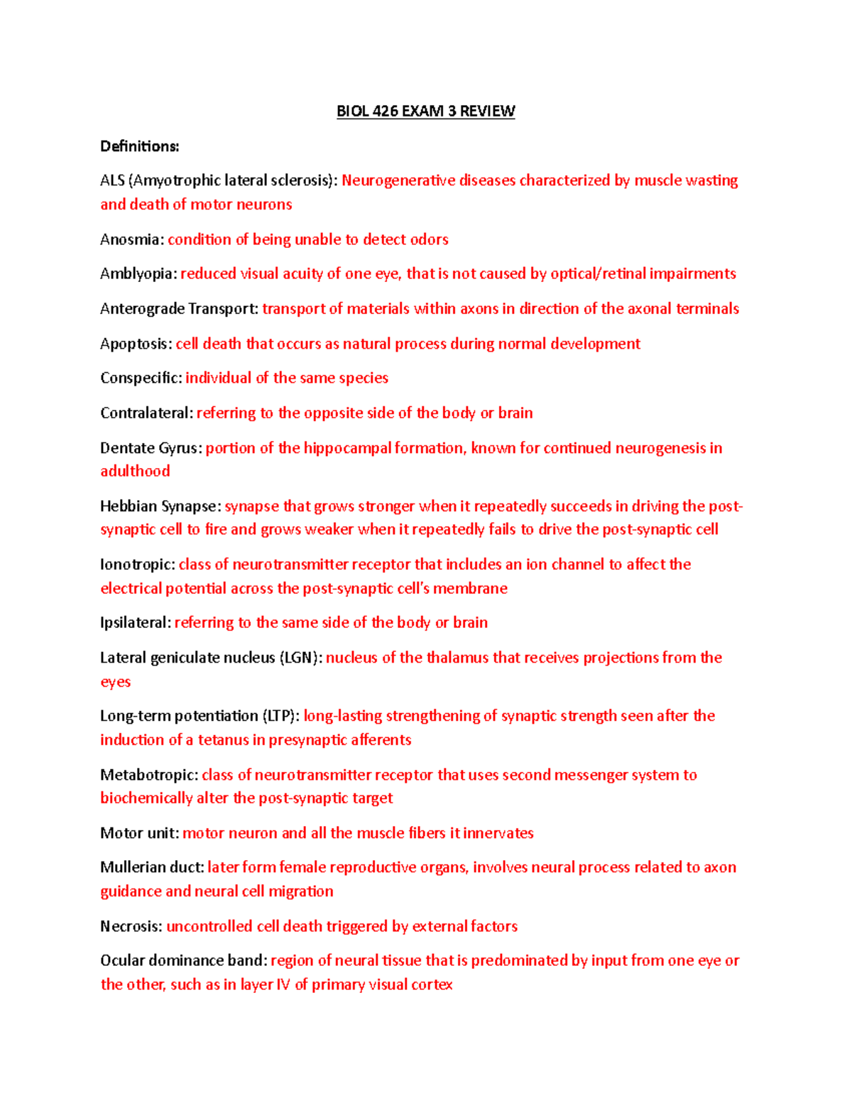 BIOL 426 Exam 3 Review: Key Definitions and Concepts - Studocu