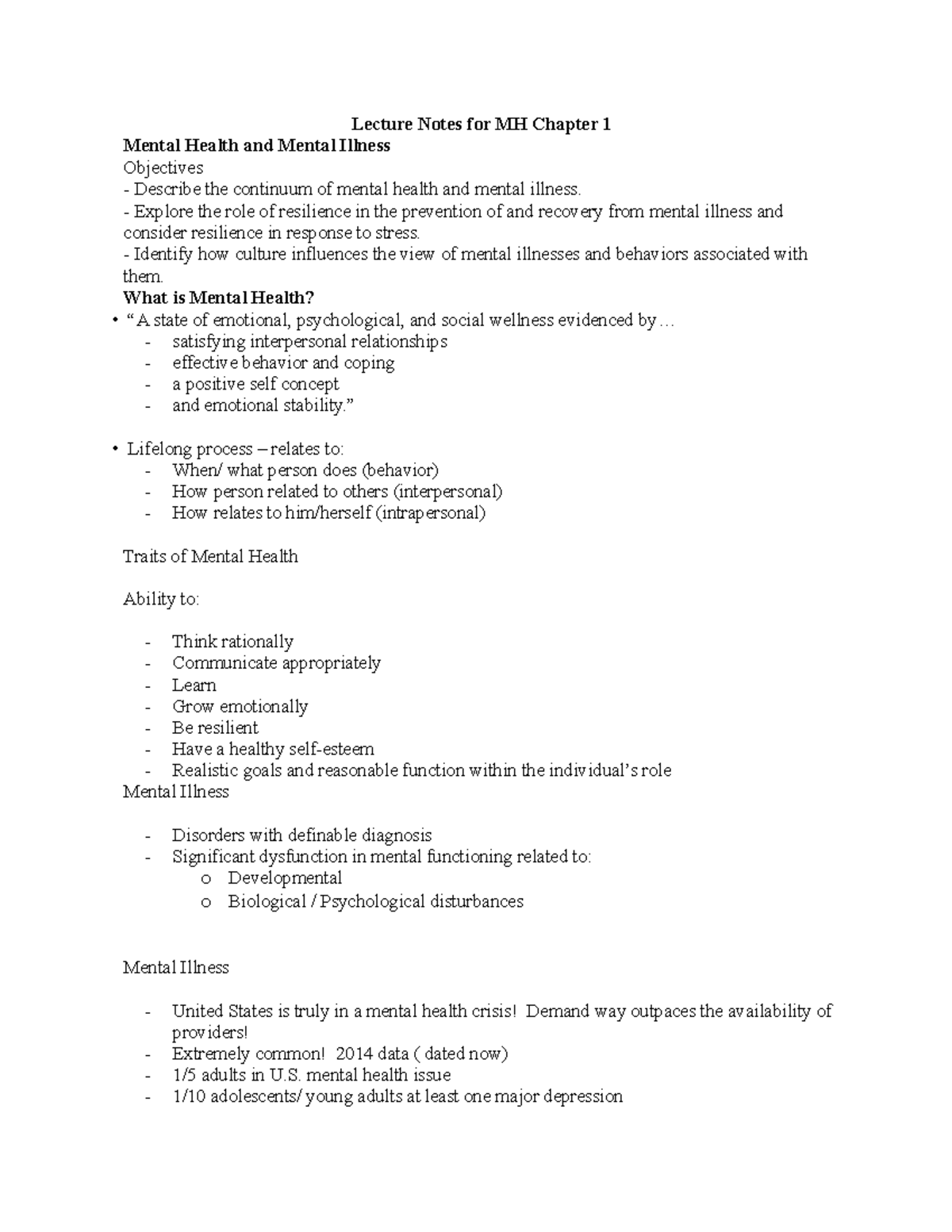 Lecture Notes on Mental Health and Illness (MH Course) - Lecture Notes ...