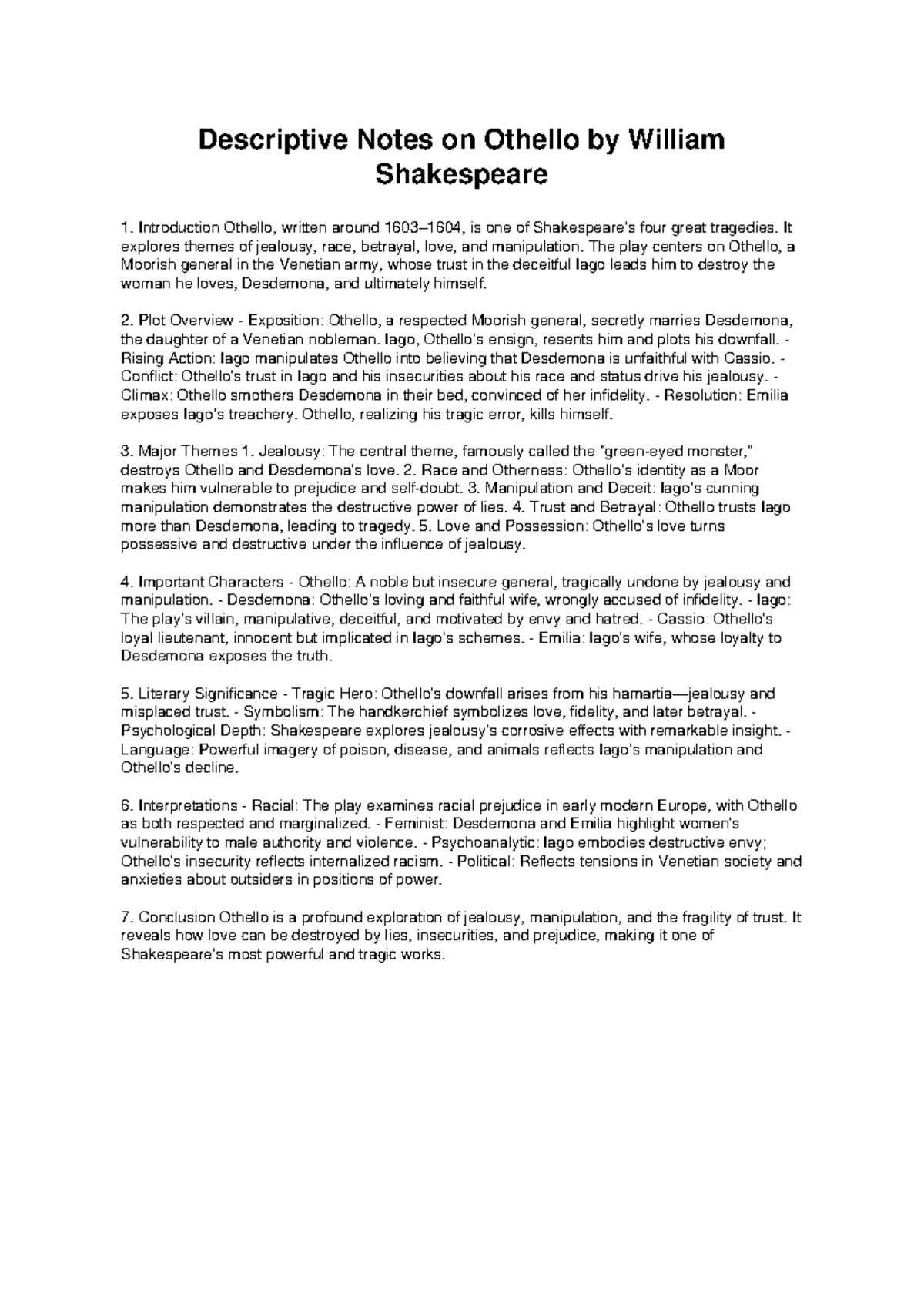 Othello Study Notes - Shakespeare's Tragedy Analysis - Studocu