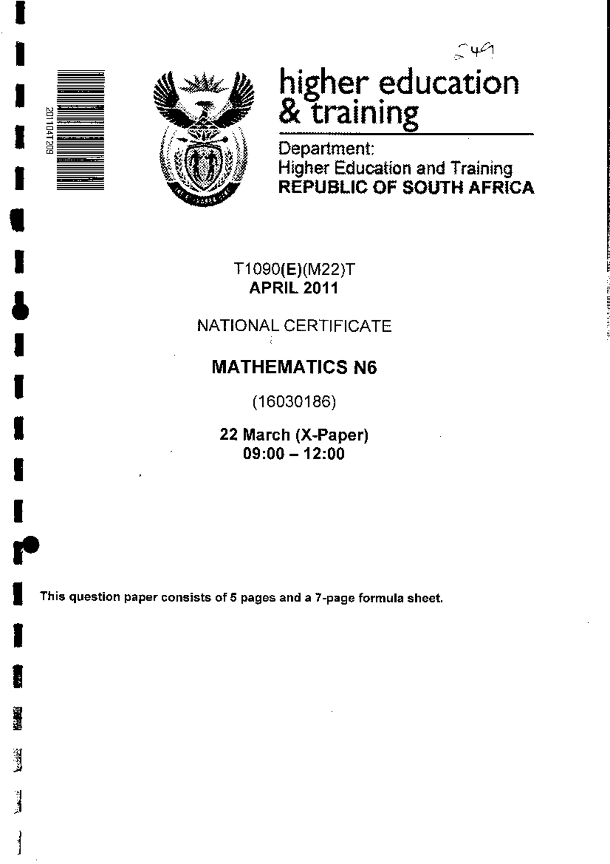 Mathematics N6 Final Exam Question Paper March 2011 - T1090(E)(M22)T ...