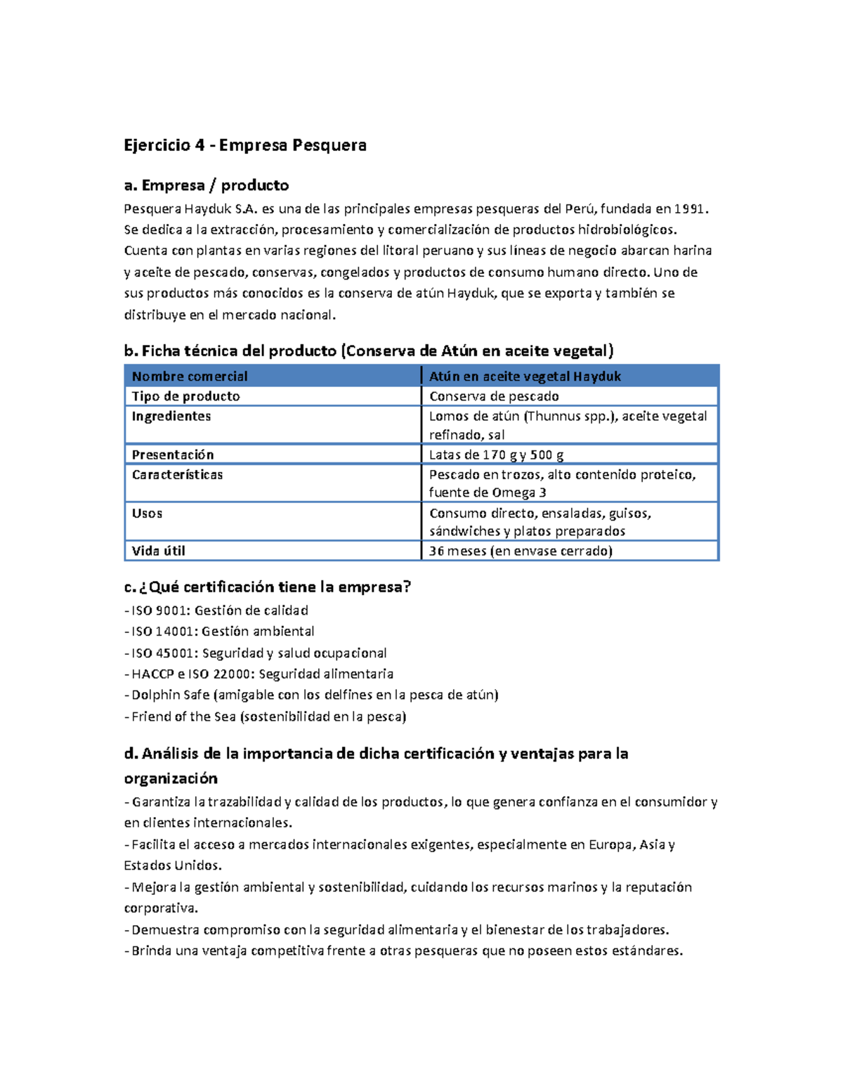 Ejercicio 4: Análisis de la Empresa Pesquera Hayduk S.A. - Studocu