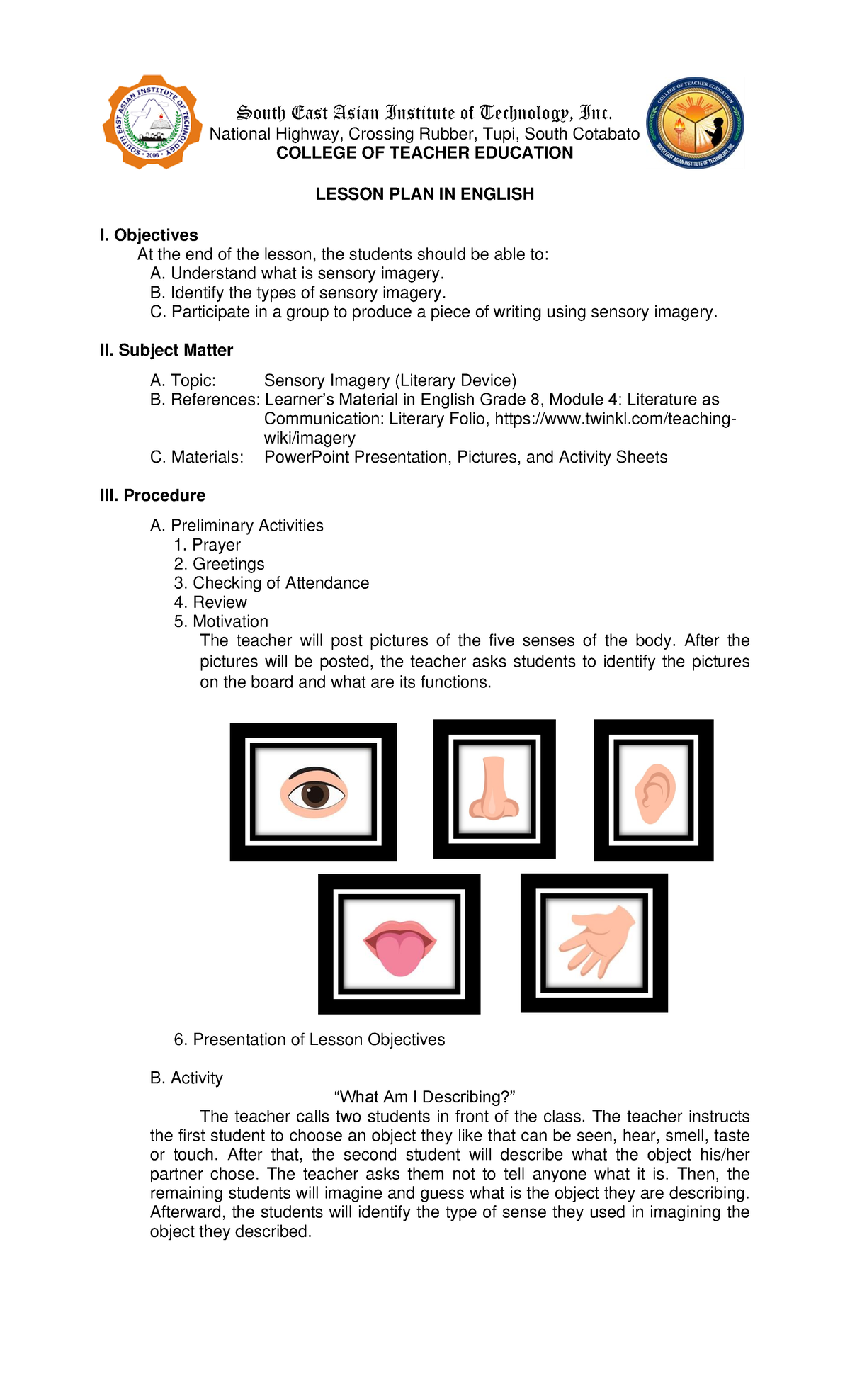 LP- Assess 312- Lesson Plan on Sensory Imagery Techniques - Studocu