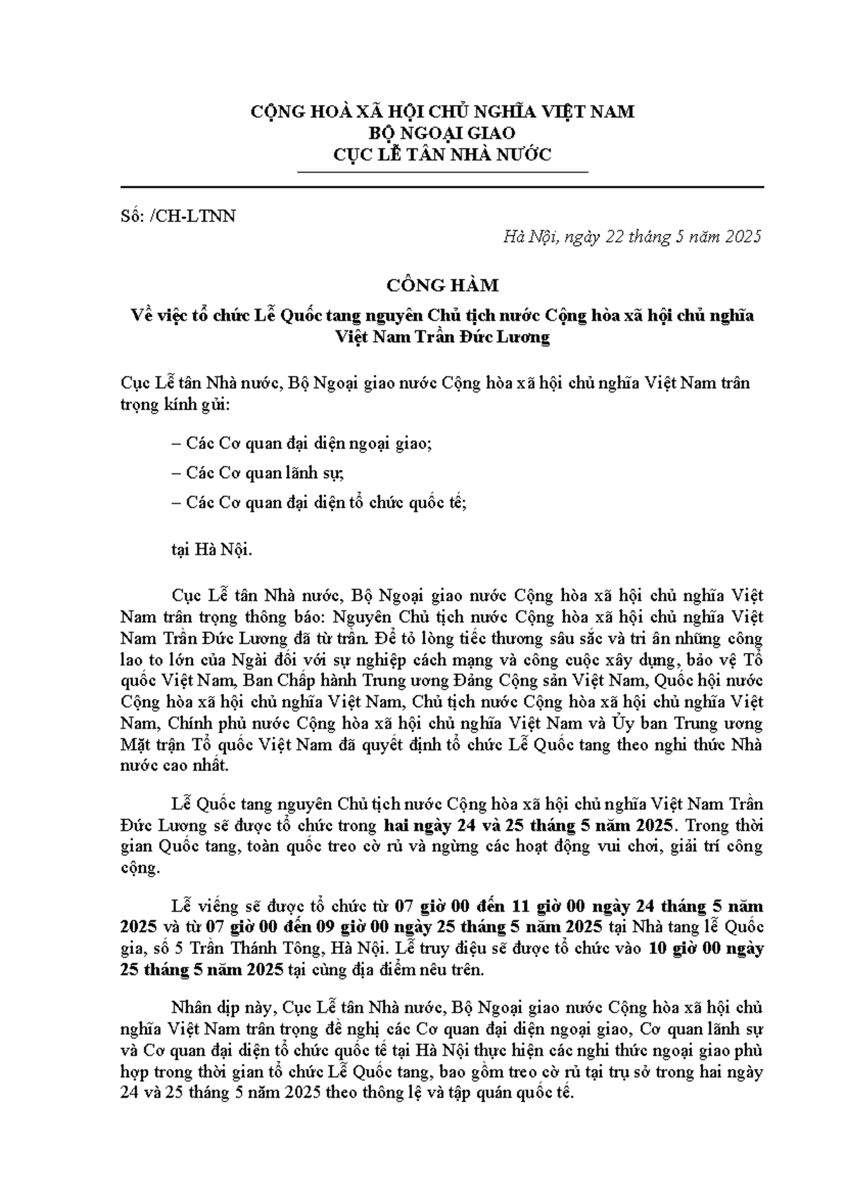 CÔNG HÀM Về Lễ Quốc Tang Nguyên Chủ Tịch Trần Đức Lương - Studocu
