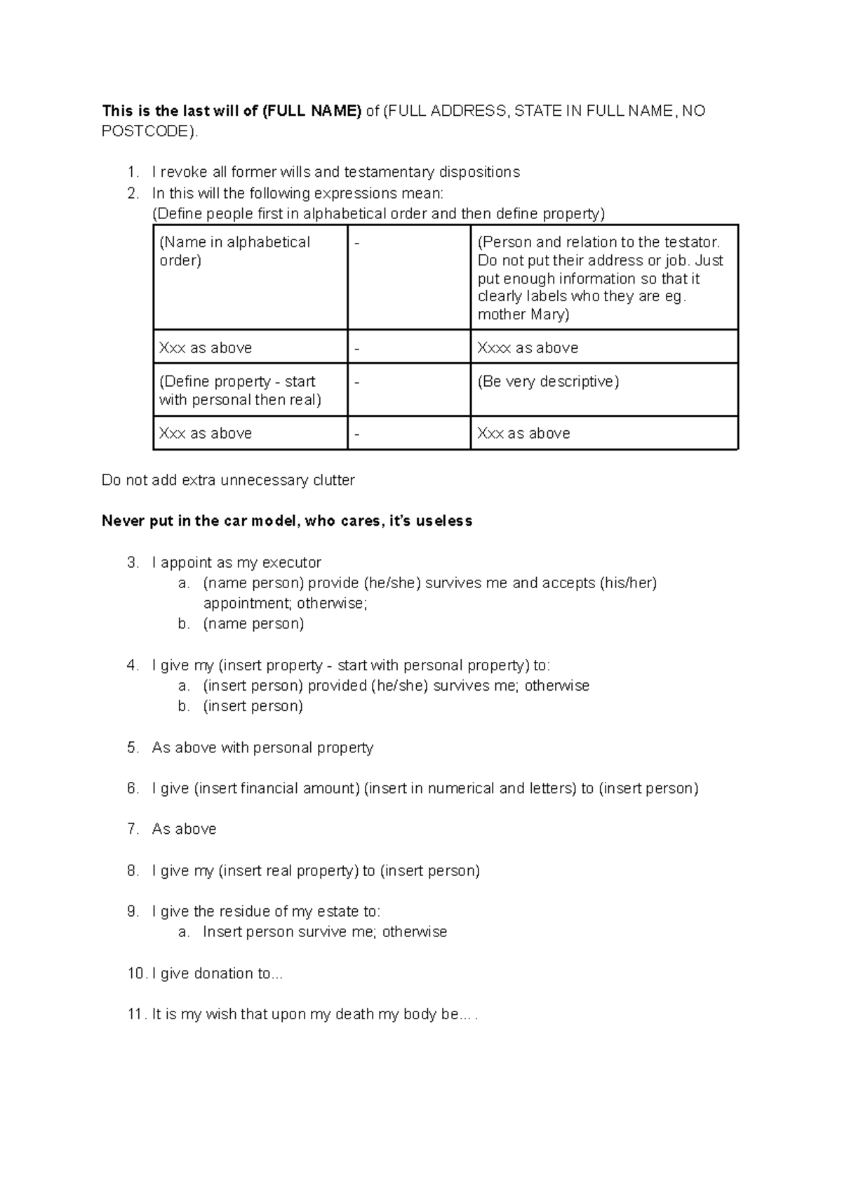 Exemplar Will Guidelines - Important Tips for Drafting - Studocu