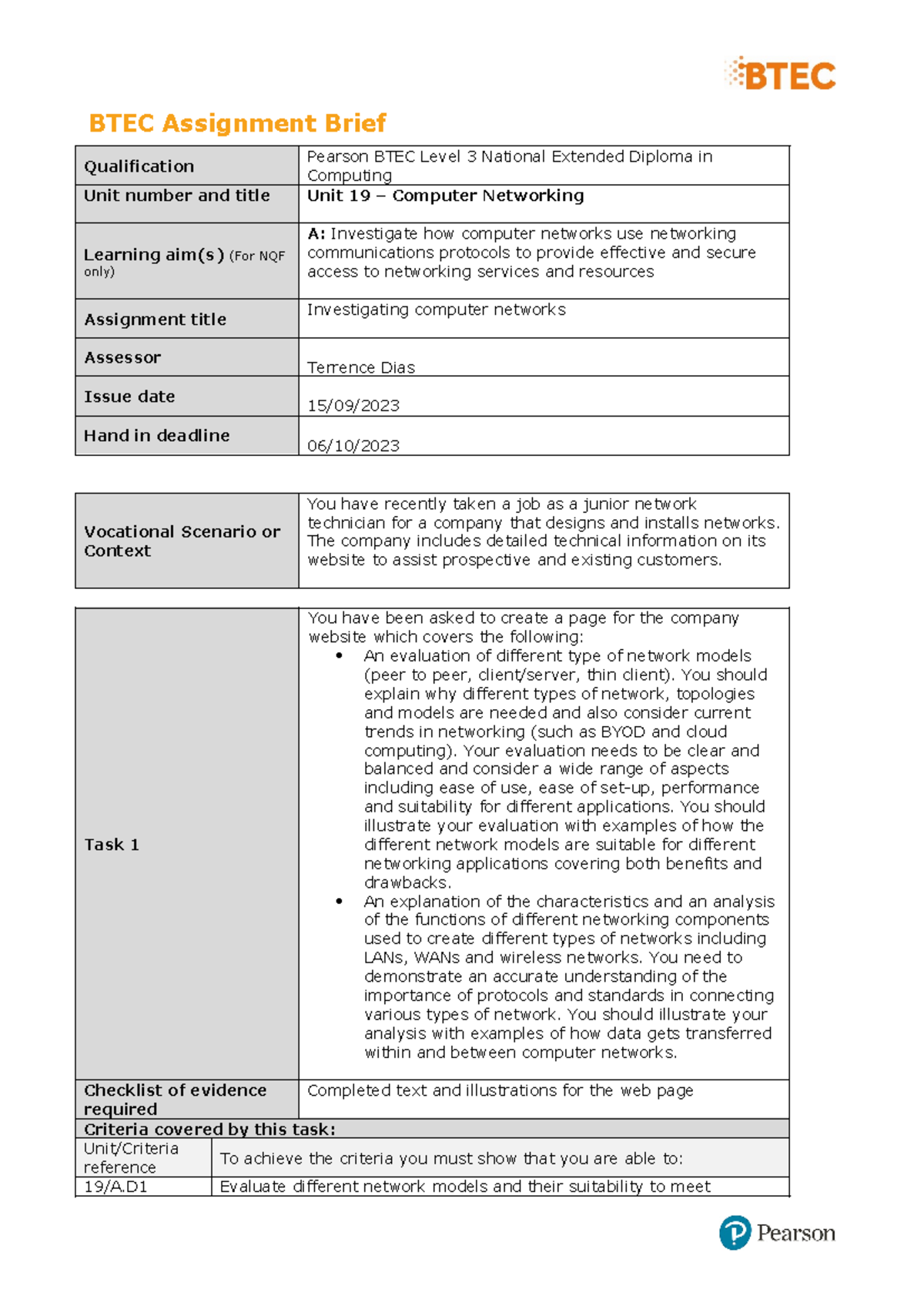 Unit 19 - Assignment 1: Investigating Computer Networks Briefs - Studocu