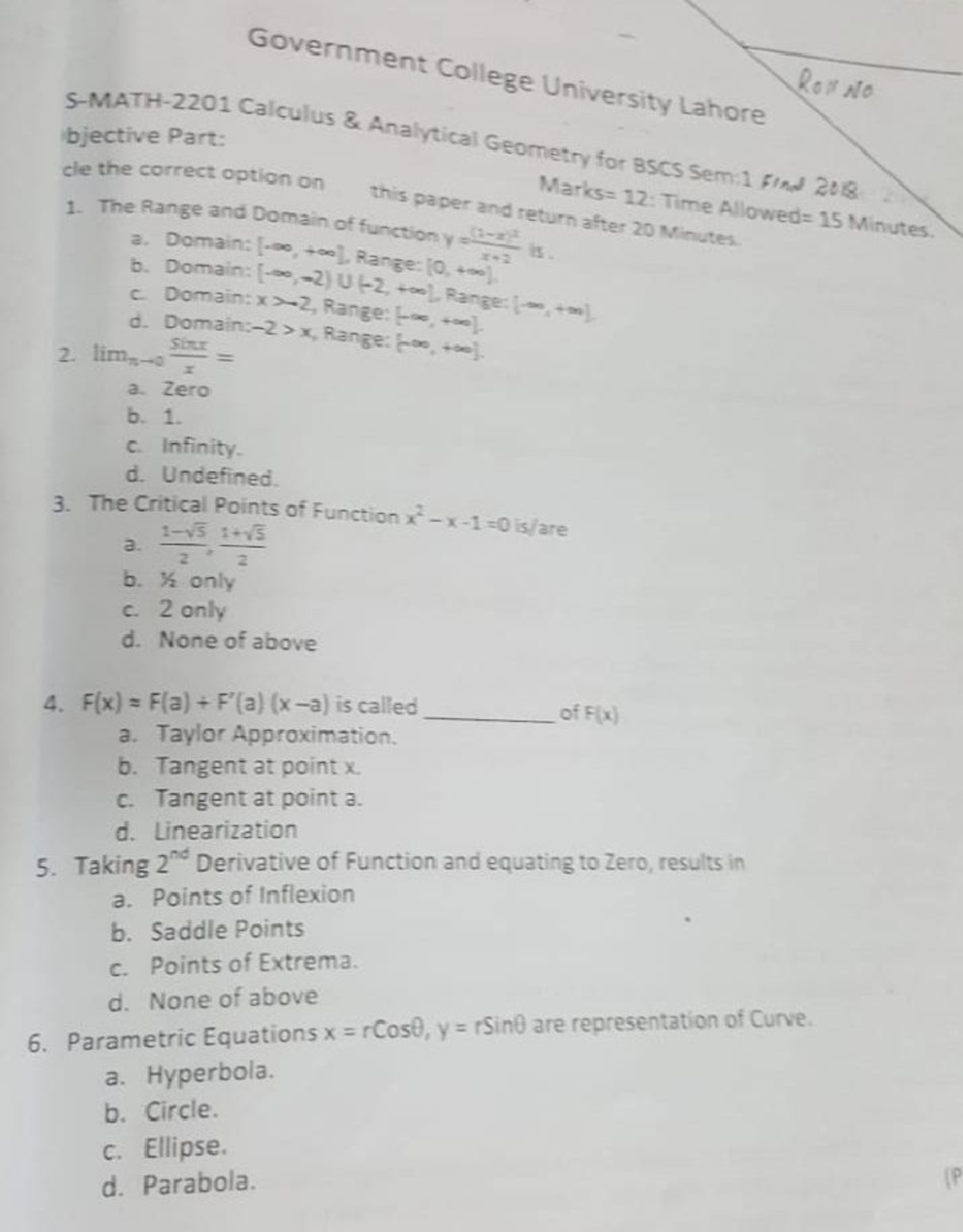 Calculus and Analytical Geometry Final Exam 2018 - BSCS CSMATH - Studocu