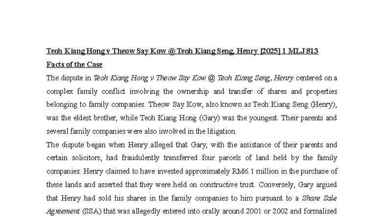 Teoh Kiang Hong v Theow Say Kow: Case Digest & Legal Analysis - Studocu