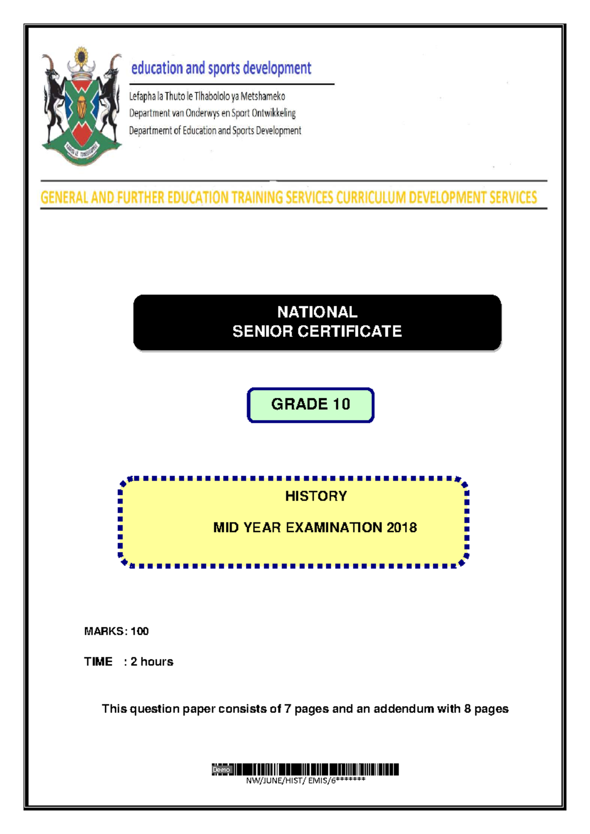 NSC History Grade 10 Mid-Year Exam 2018: Key Questions & Topics - Studocu