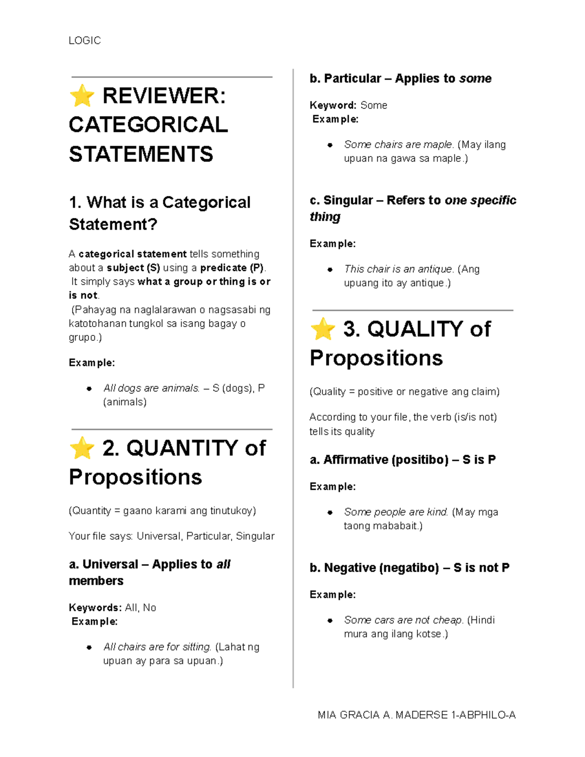 LOGIC 101: Categorical Statements & Syllogism Reviewer - Studocu