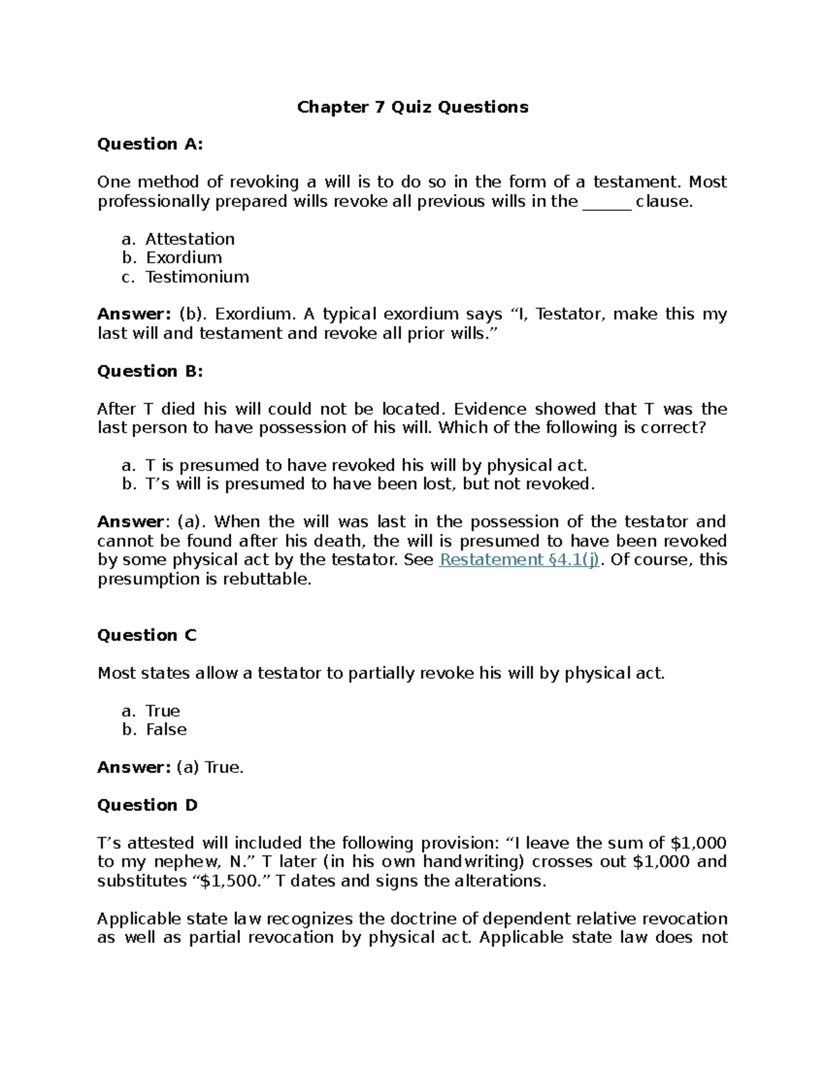 Revocation and Testamentary Intent: Chapter 7 Quiz Questions (Law 101 ...