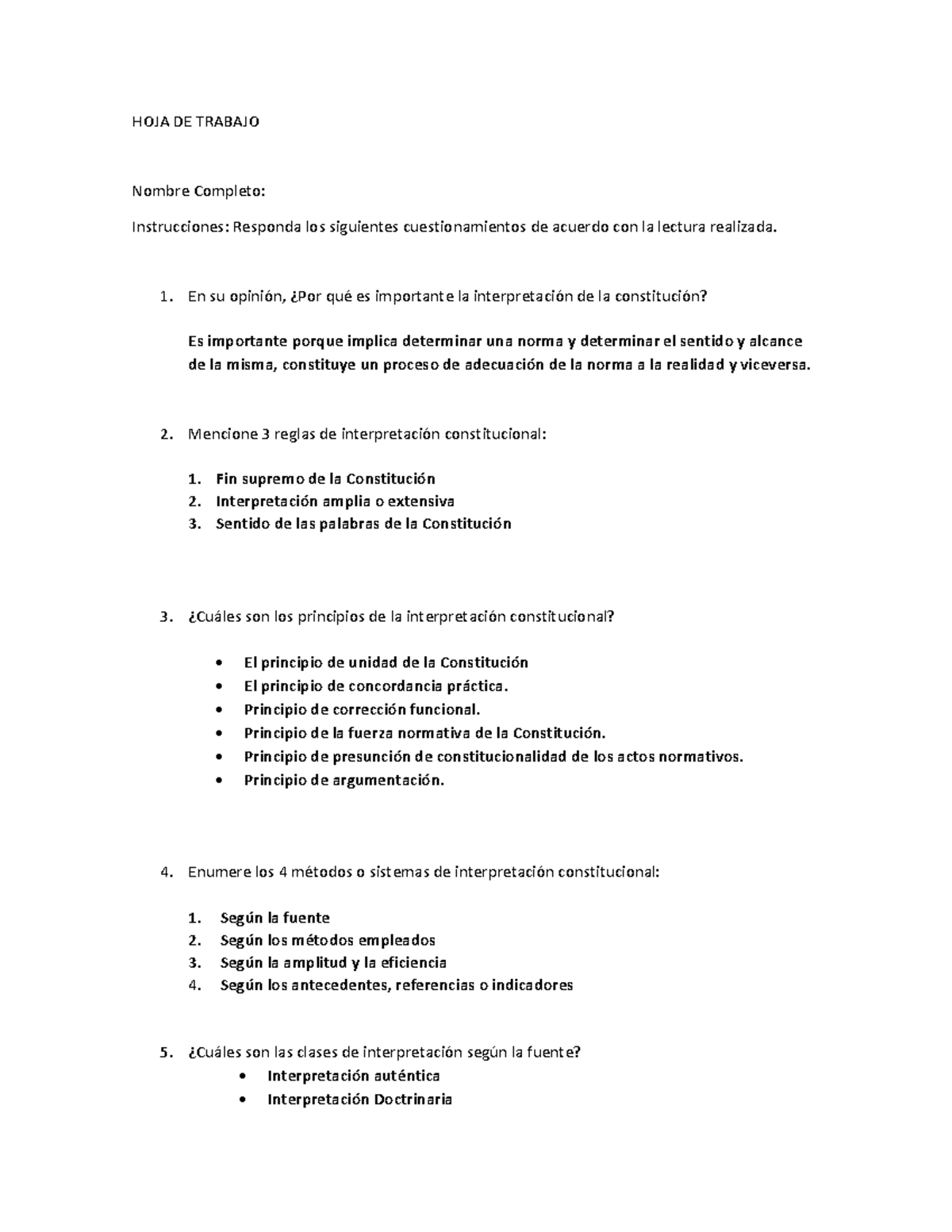 Hoja de Trabajo Constitucional I: Métodos y Principios de ...