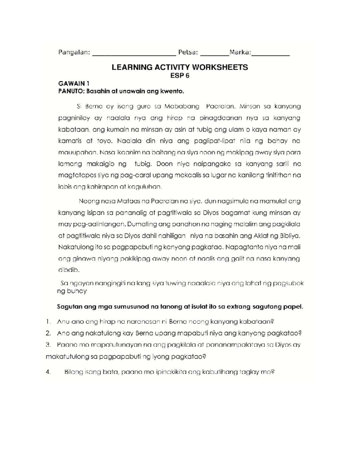 ESP 6 Learning Activity Worksheets: Gawain 1 & 2 Insights - Studocu