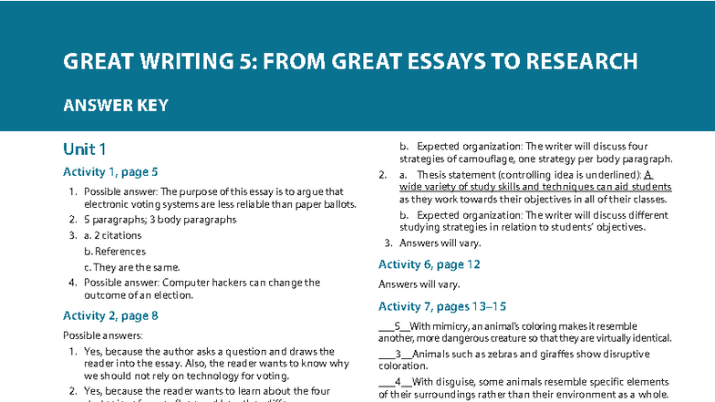 Great Writing 5 (5th Ed): Answer Key for Units and Activities - Studocu